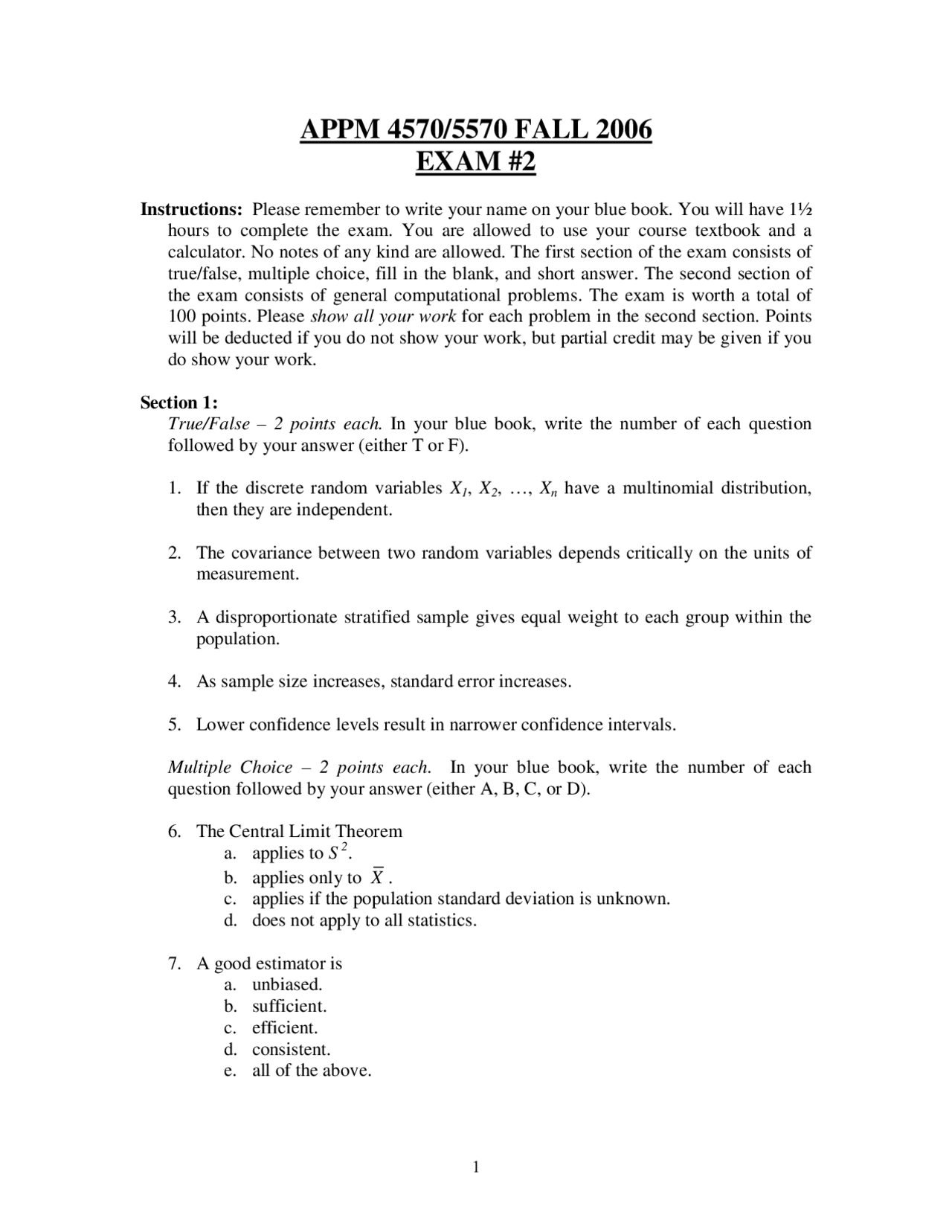 Practice Questions For Exam 2 Statistical Methods Appm 4570