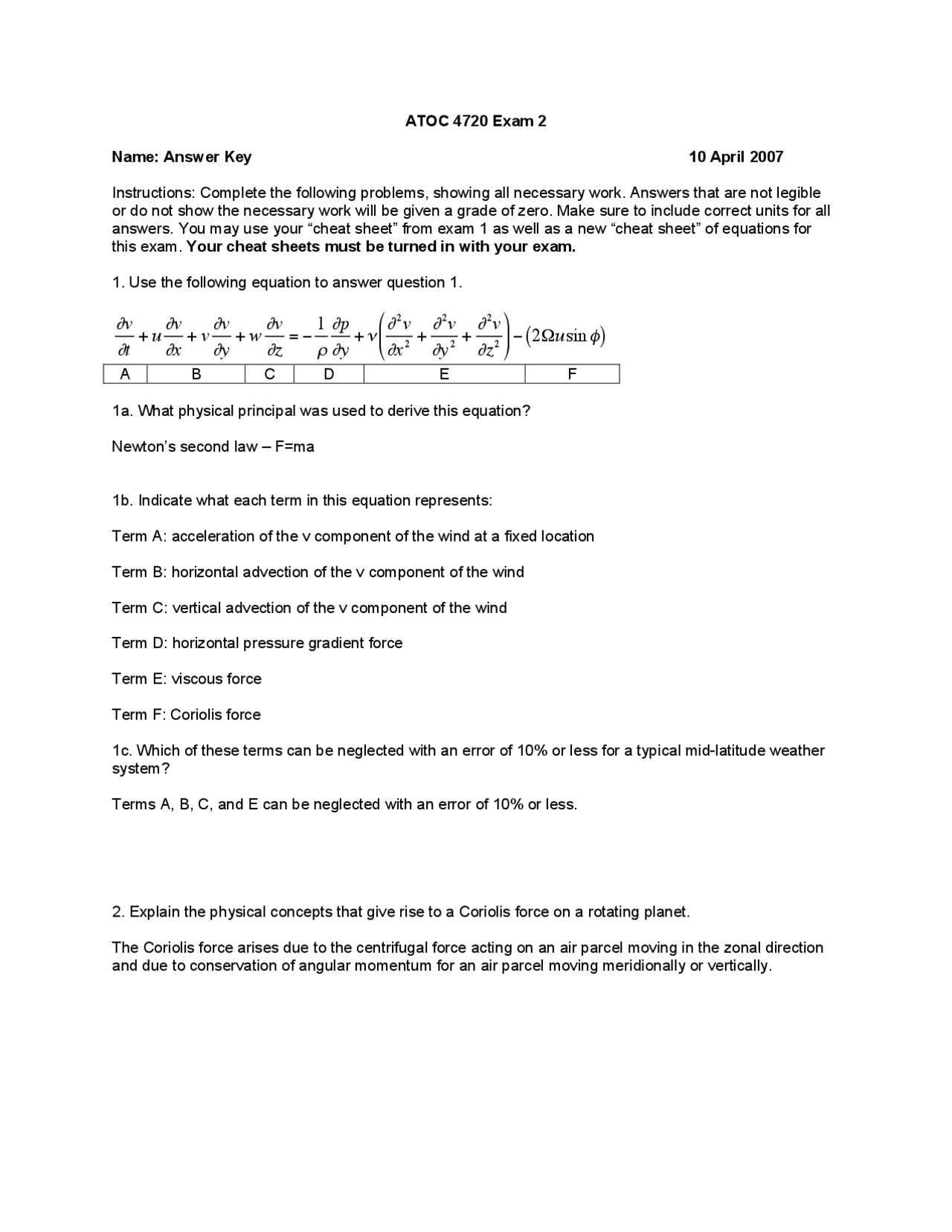 Exam 2 With Answers Introduction To Atmospheric Physics And Dynamics