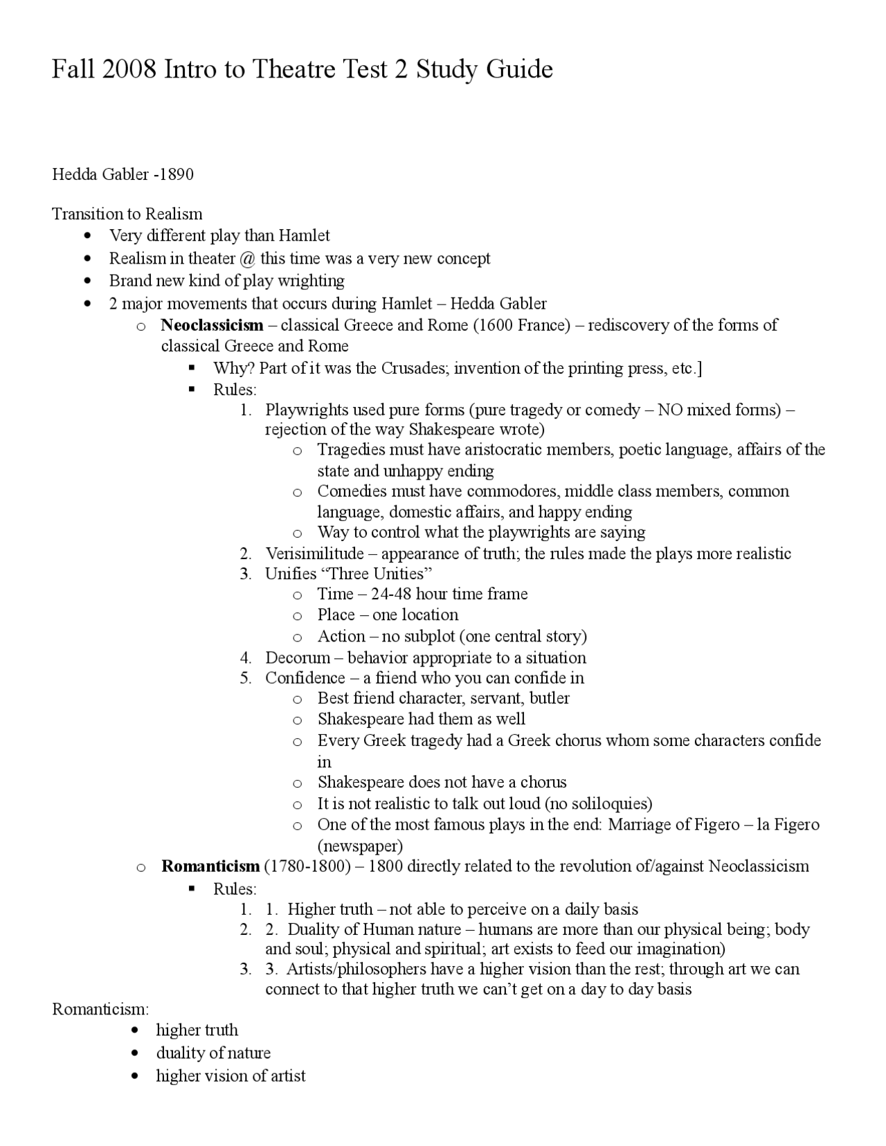 Introduction to Theatre - Test 2 Study Guide | TA 2014 - Docsity