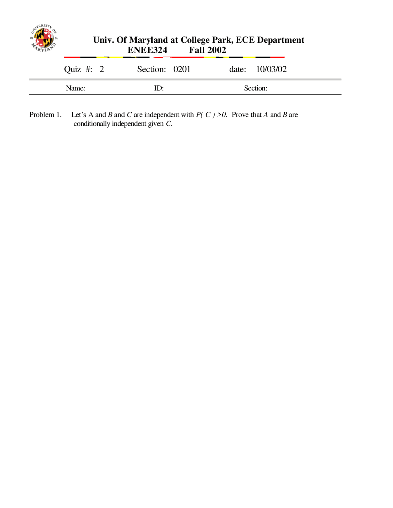 Practice Quiz 2 on Engineering Probability - Fall 2002 | ENEE 324 - Docsity