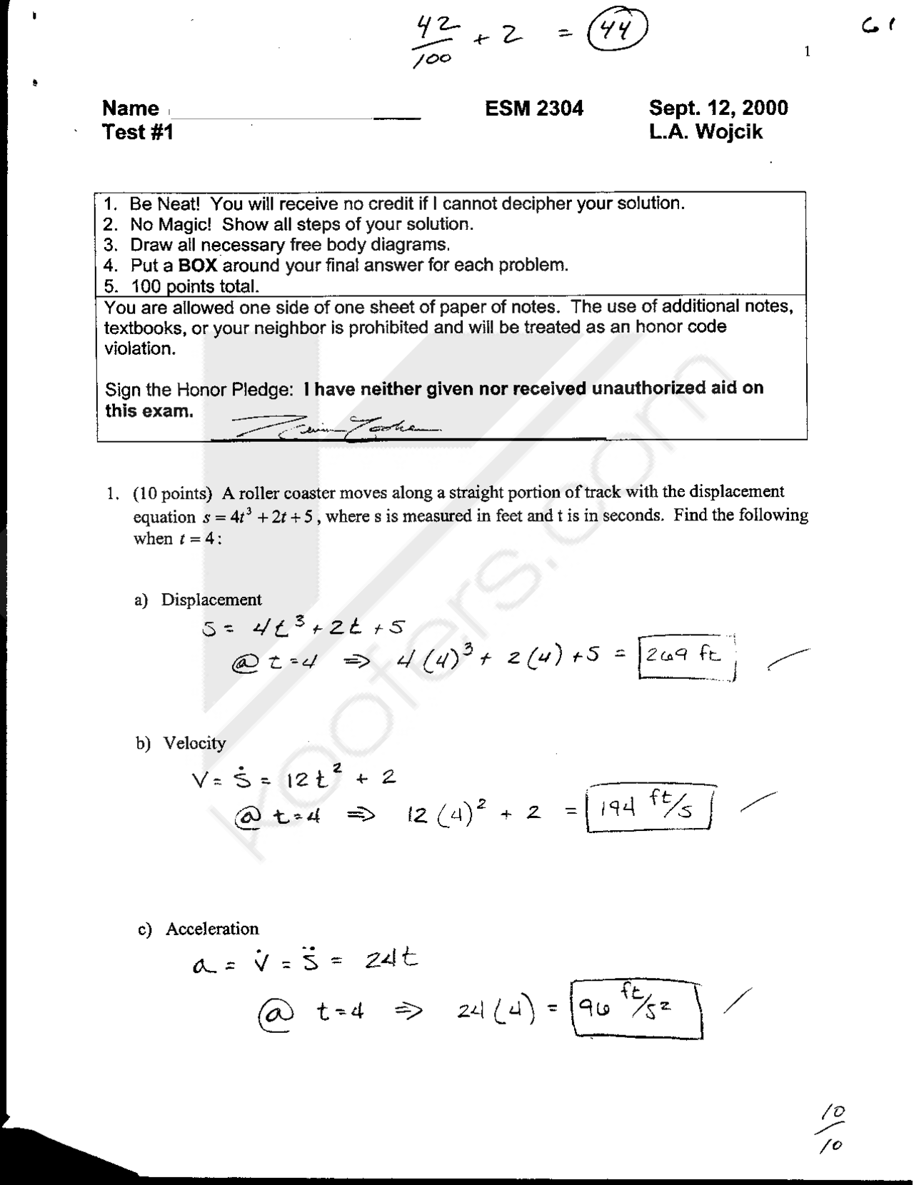 Test 1 Displacement Velocity And Acceleration Dynamics Esm 2304