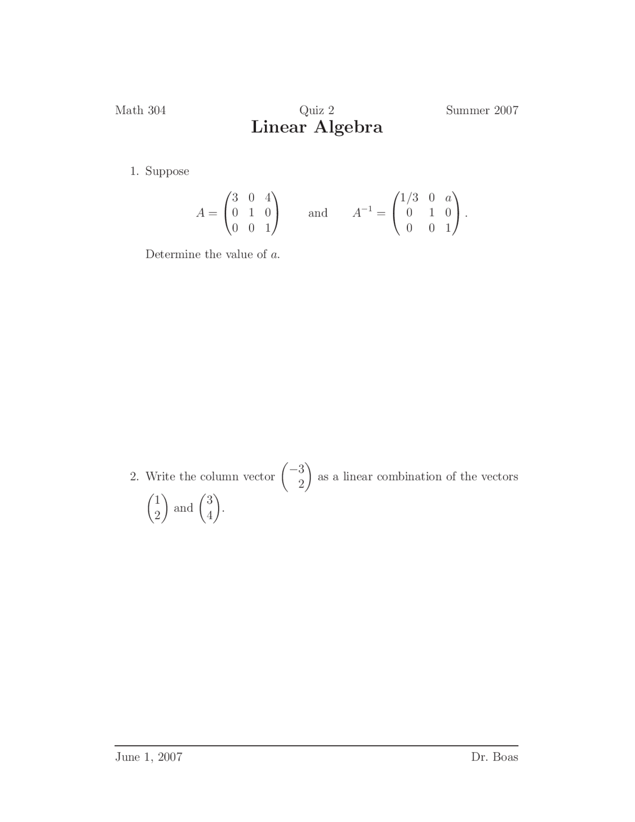 Linear Algebra Quiz 2 Questions Math 304 Docsity