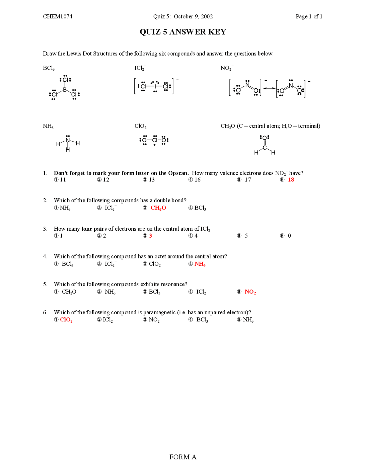 Chemical For Engineers Solved Quiz 5 Fall 2002 Chem 1074 Docsity