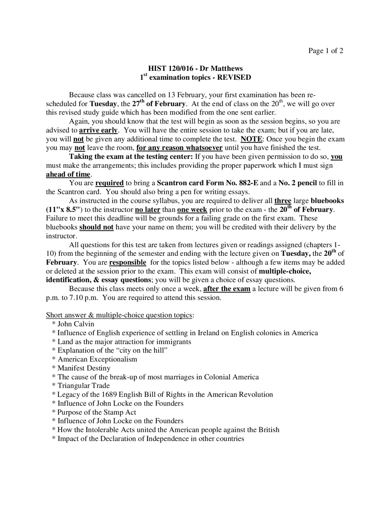 Revised Topics for Exam 1 | United States History | HIST 120 | Study ...
