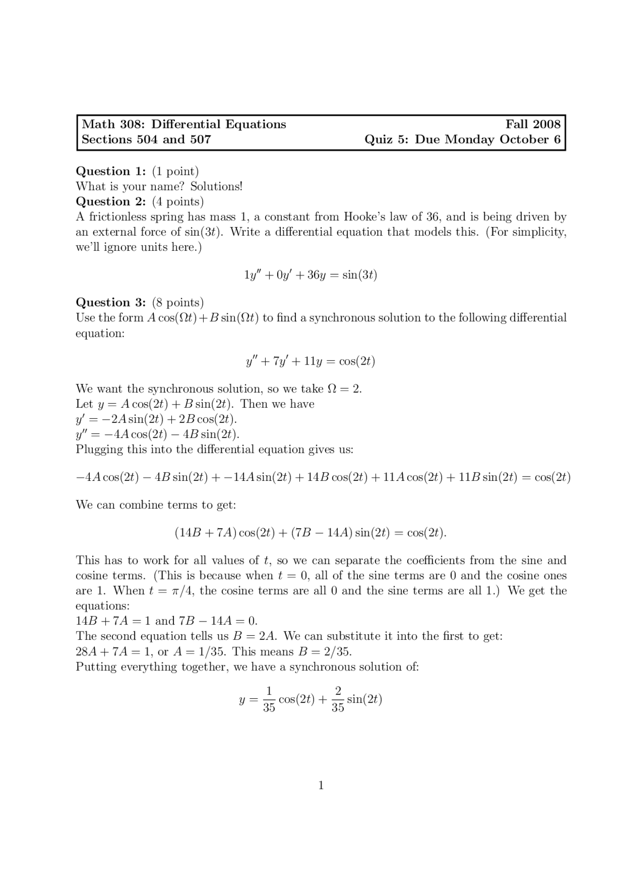Differential Equations Quiz 5 With Solutions Math 308 Docsity