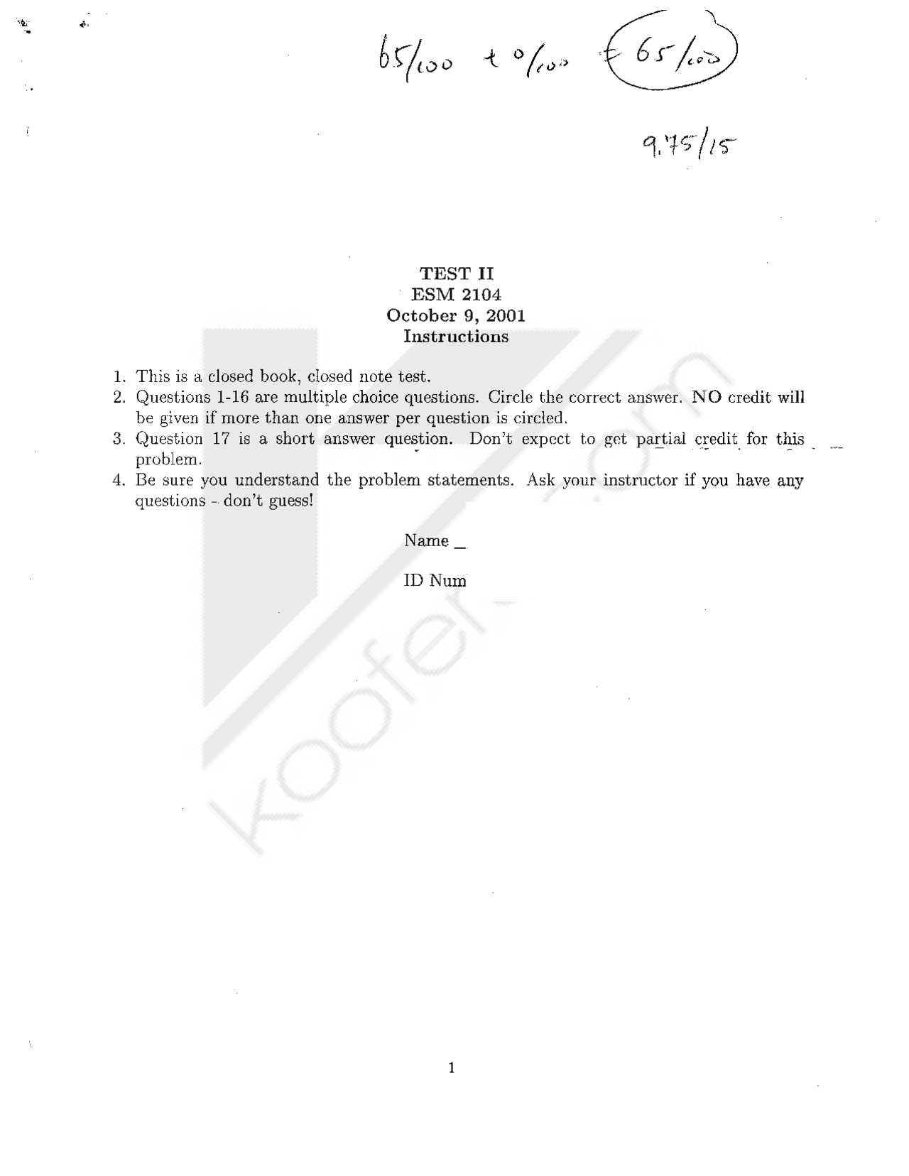 Midterm Exam 2 With Answer Key Statics Fall 2001 Esm 2104 Docsity