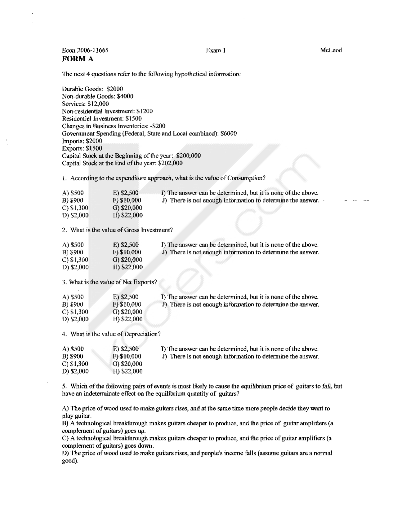 Exam 1 Form A With Answers Key Principles Of Economics Econ 2006