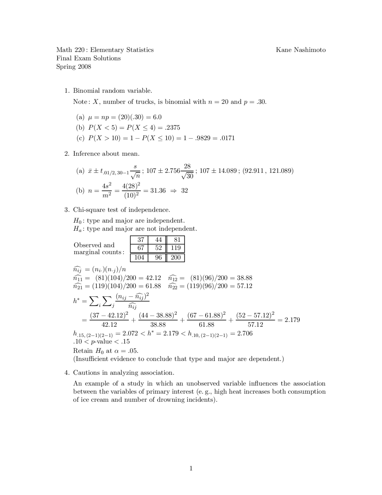 9 Problems On Elementary Statistics Final Examination Math 220