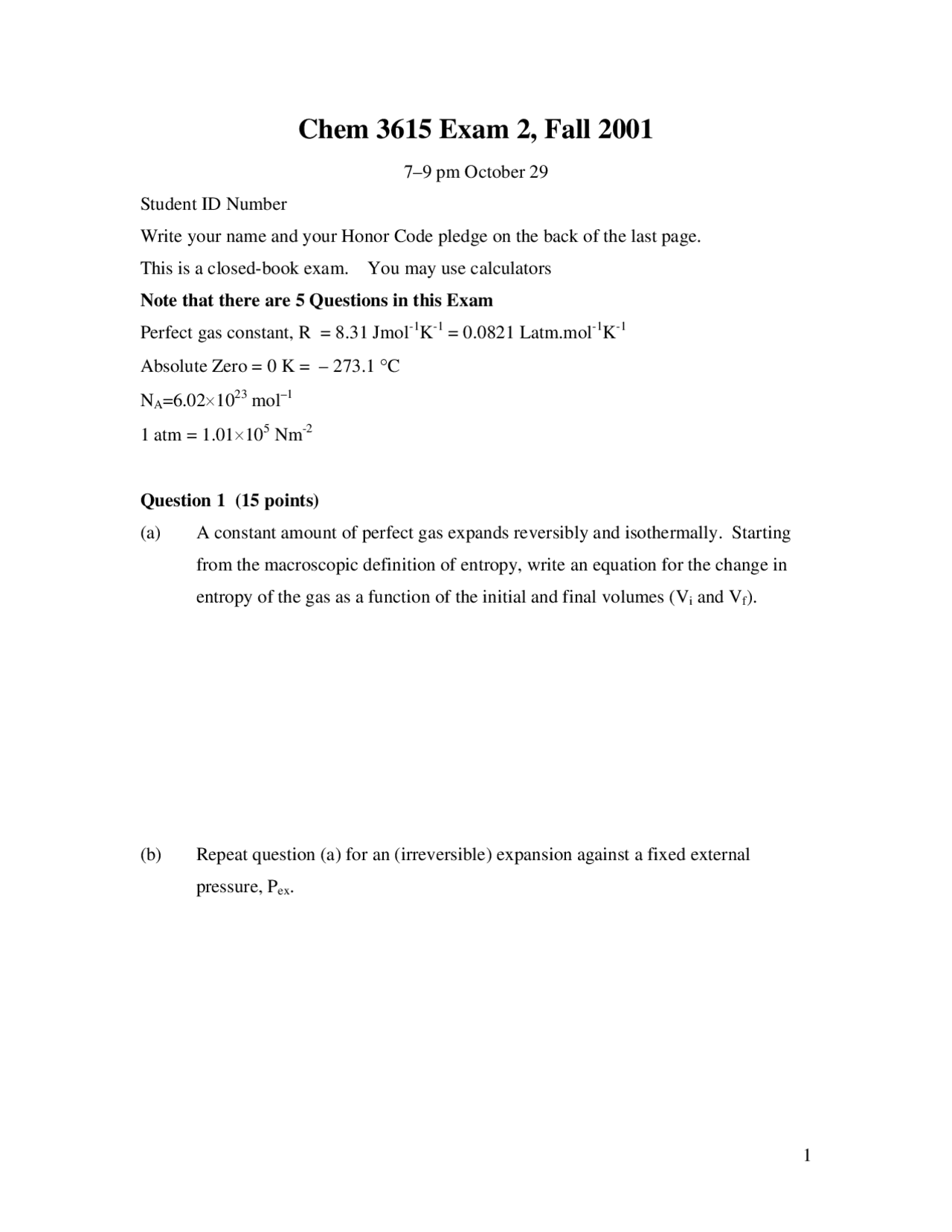 5 Questions Of Physical Chemistry Exam 2 Fall 2001 Chem 3615 Docsity