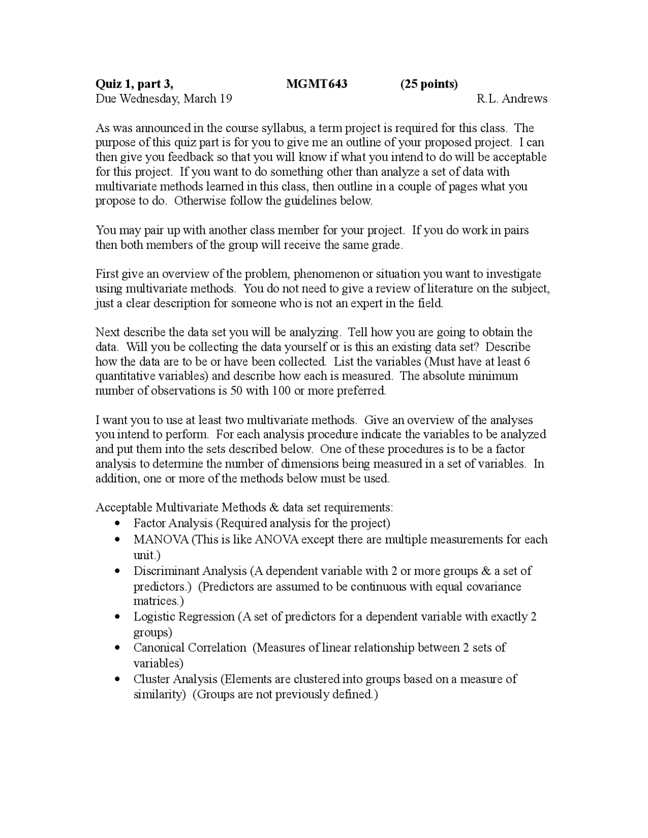 Practice Quiz 1 on Applied Multivariable Methods | MGMT 643 - Docsity