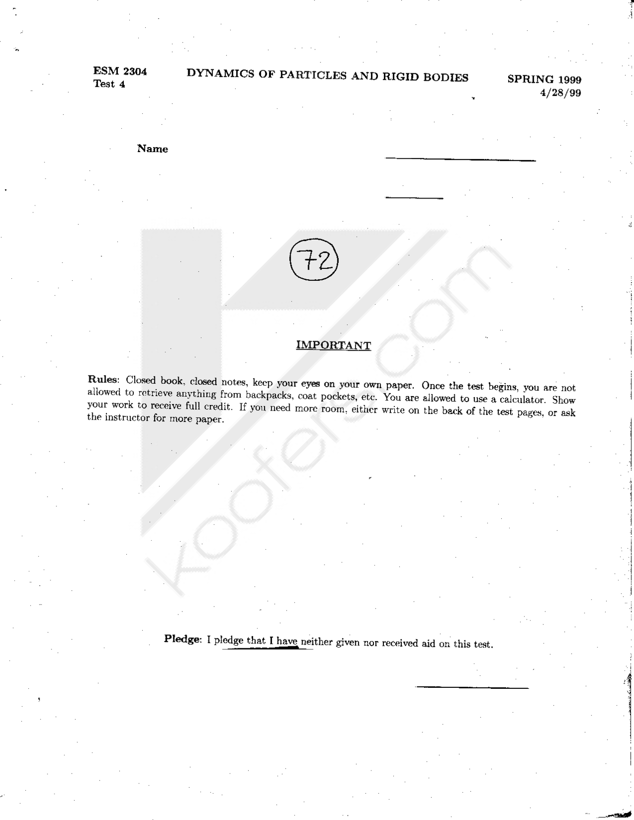 Dynamics Of Particles And Rigid Bodies Solved Test Esm 2304 Docsity