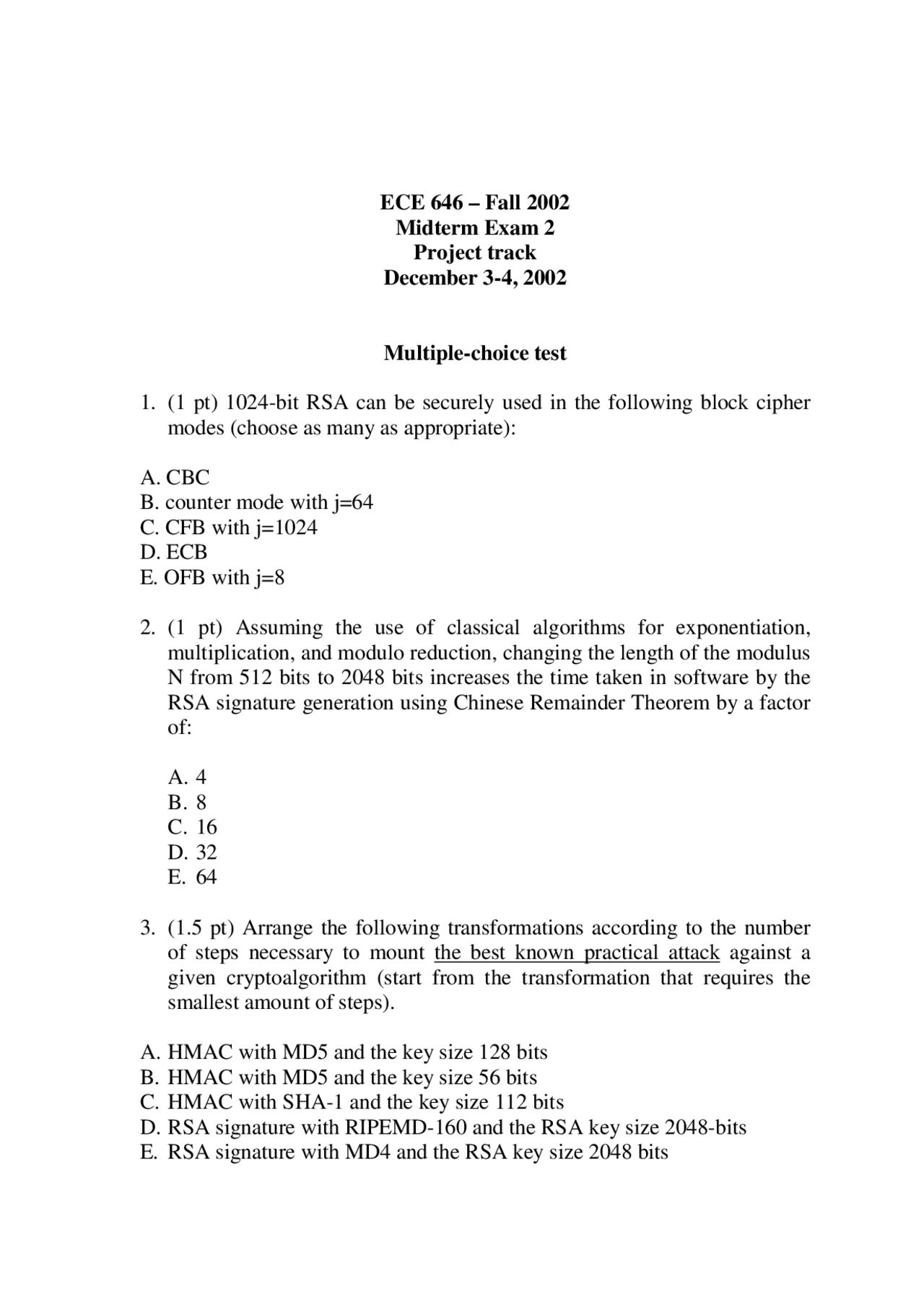 Midterm Exam 2 Cryptography Computer Network Security Fall 2002