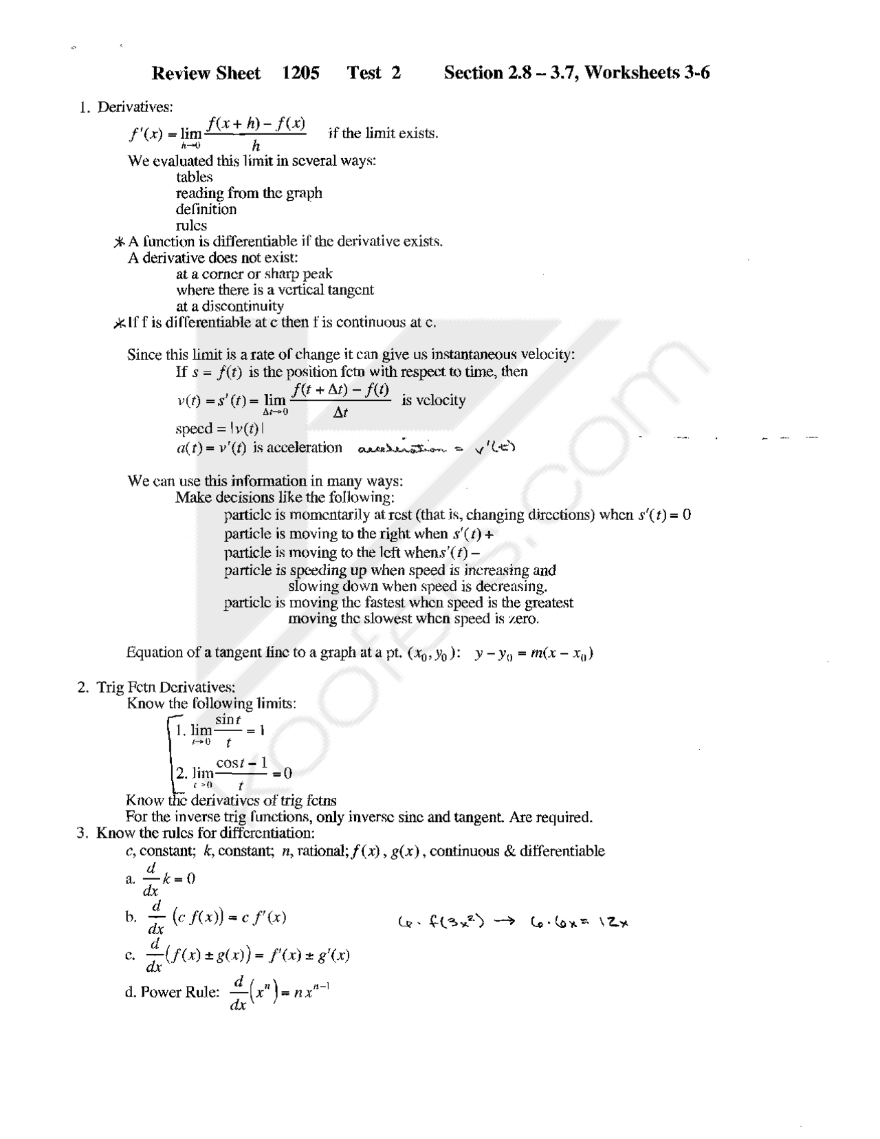 Practice Problems for Test 2 on Calculus | MATH 1205 | Study notes ...