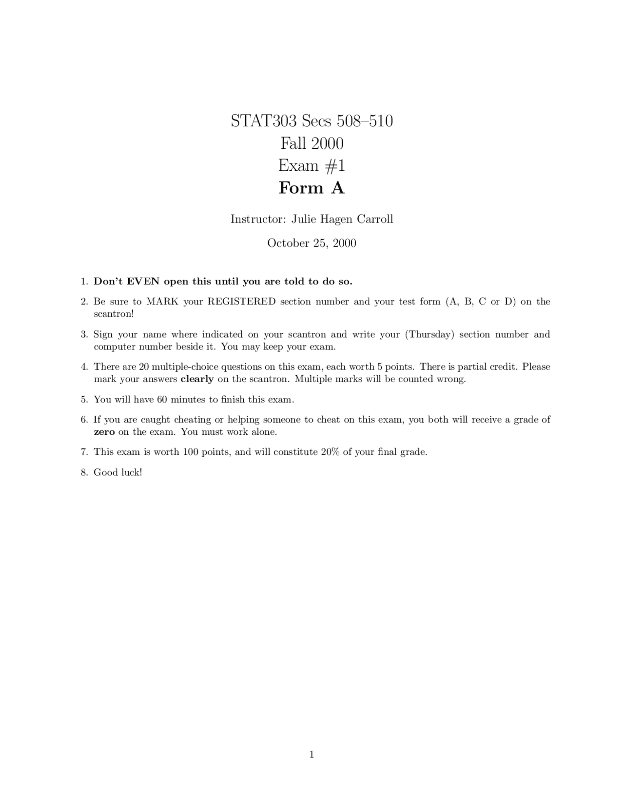 Statistical Methods Answer Key For Exam 1a Stat 303 Docsity