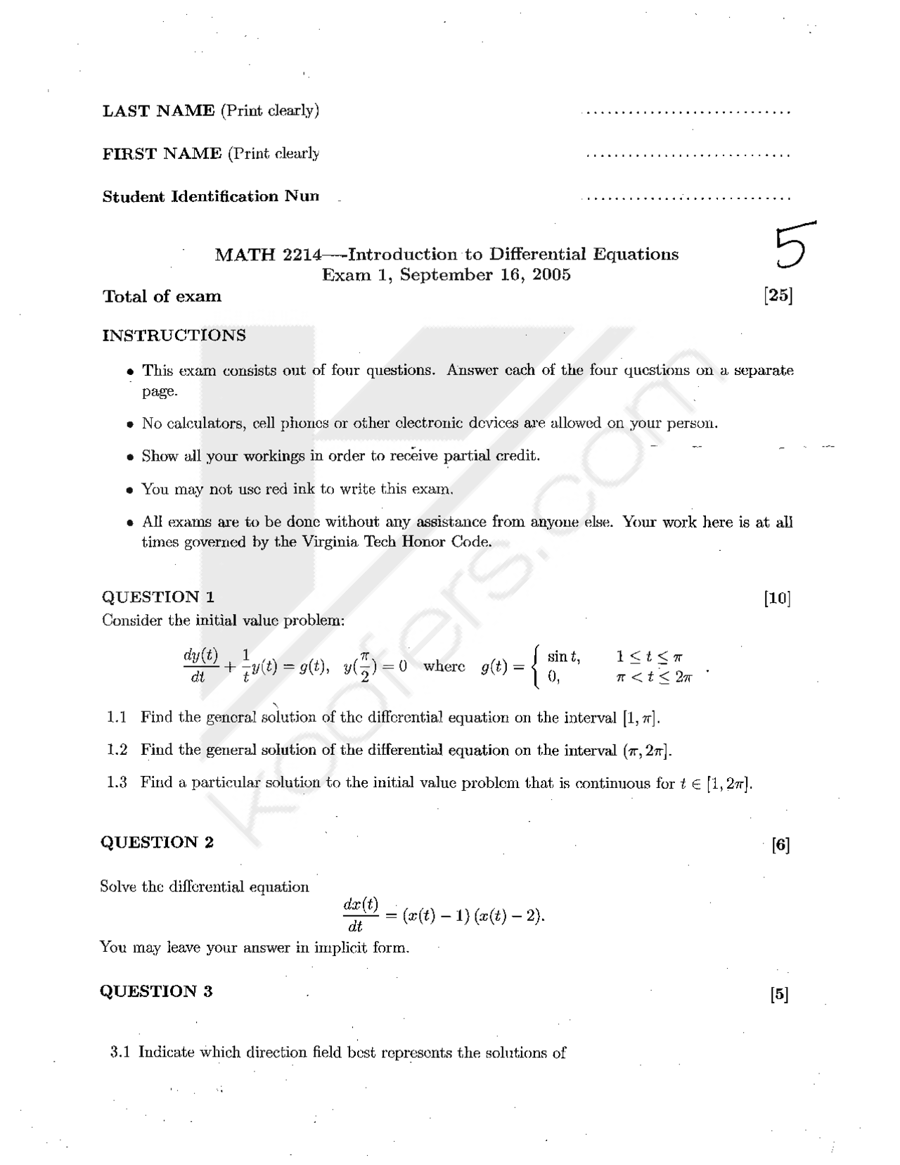 Exam 1 Question With Solution Introduction To Differential Equations