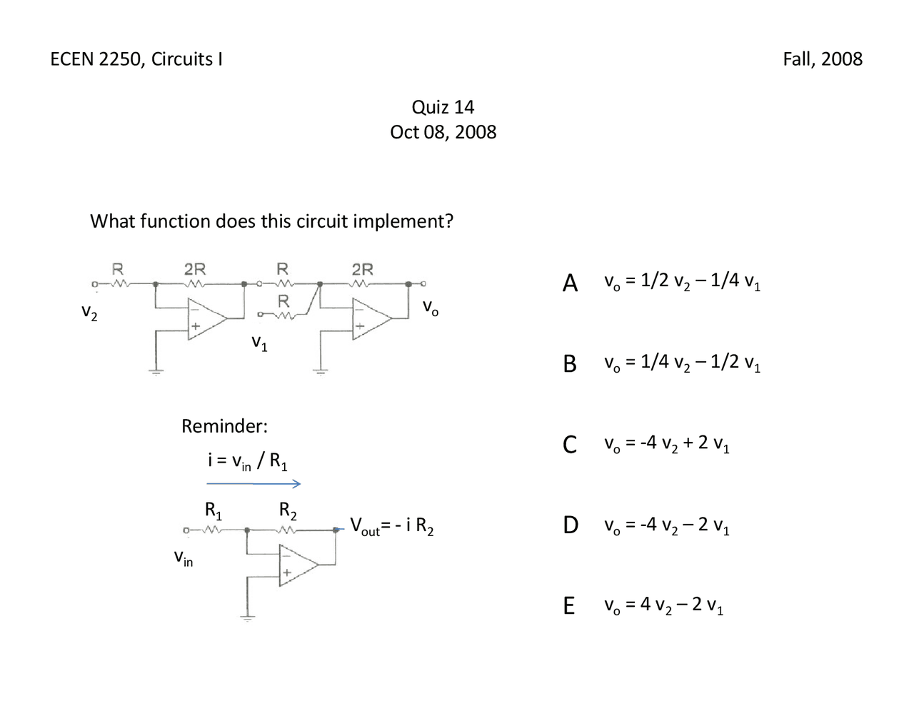 Practice Quiz 14 Introduction To Circuits And Electronics Ecen 2250