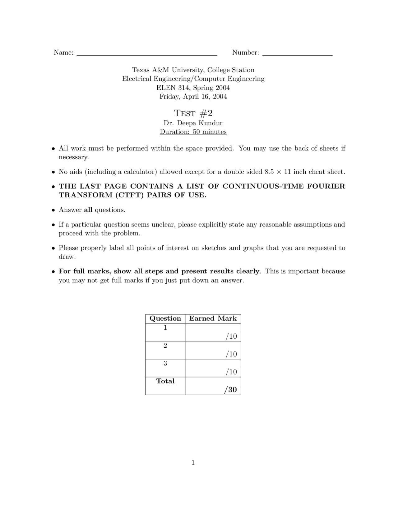 Solutions For Test Signals And Systems Spring 2004 Ecen 314 Docsity