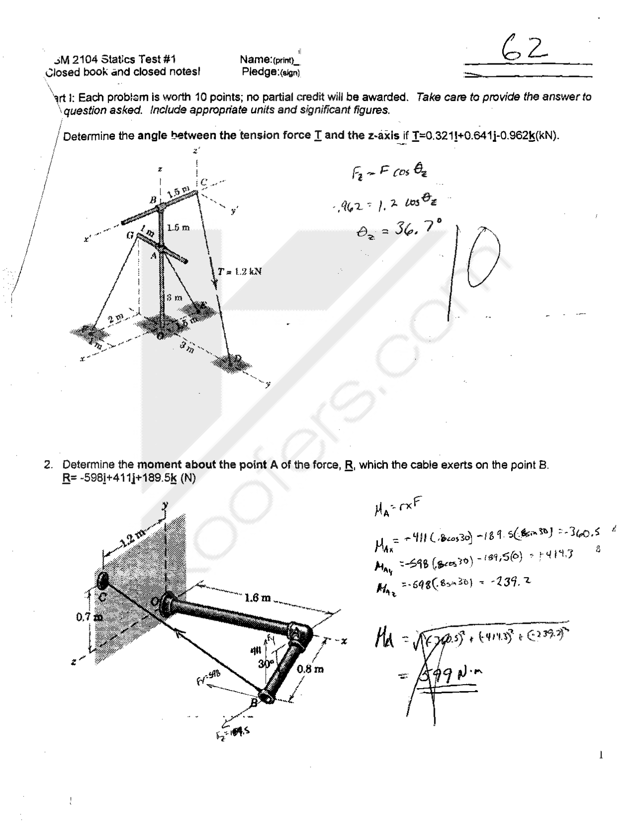 Test 1 With Answer Key Statics Esm 2104 Docsity