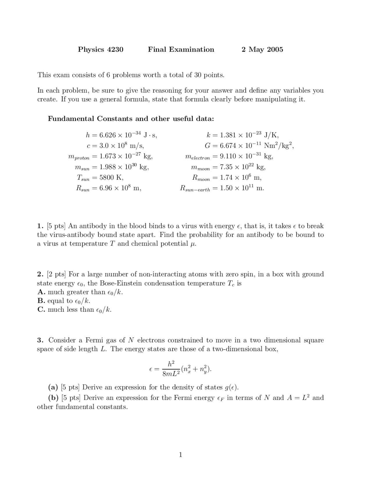 Thermodynamics and Statistical Mechanics - Final Exam | PHYS 4230 | Exams Physics | Docsity