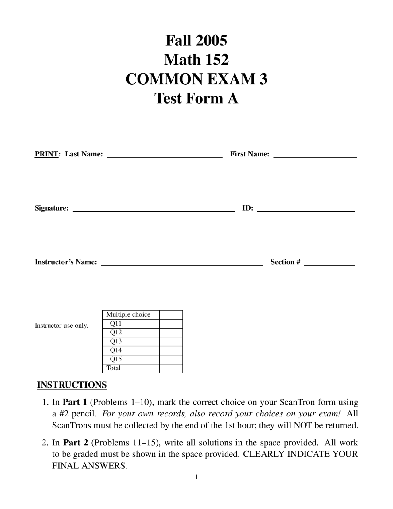 Practice Exam 3 Form A Honor Engineering Mathematics I Math 152