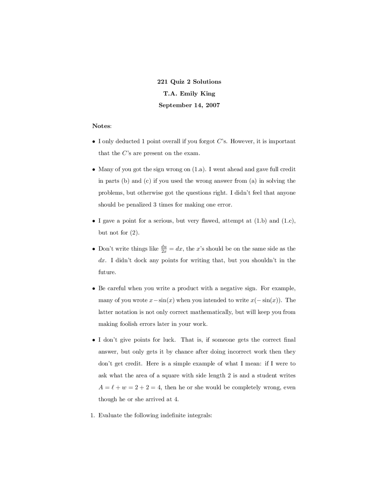 Quiz Solutions for Integration of Trig Functions and Substitution | Quizzes Calculus | Docsity