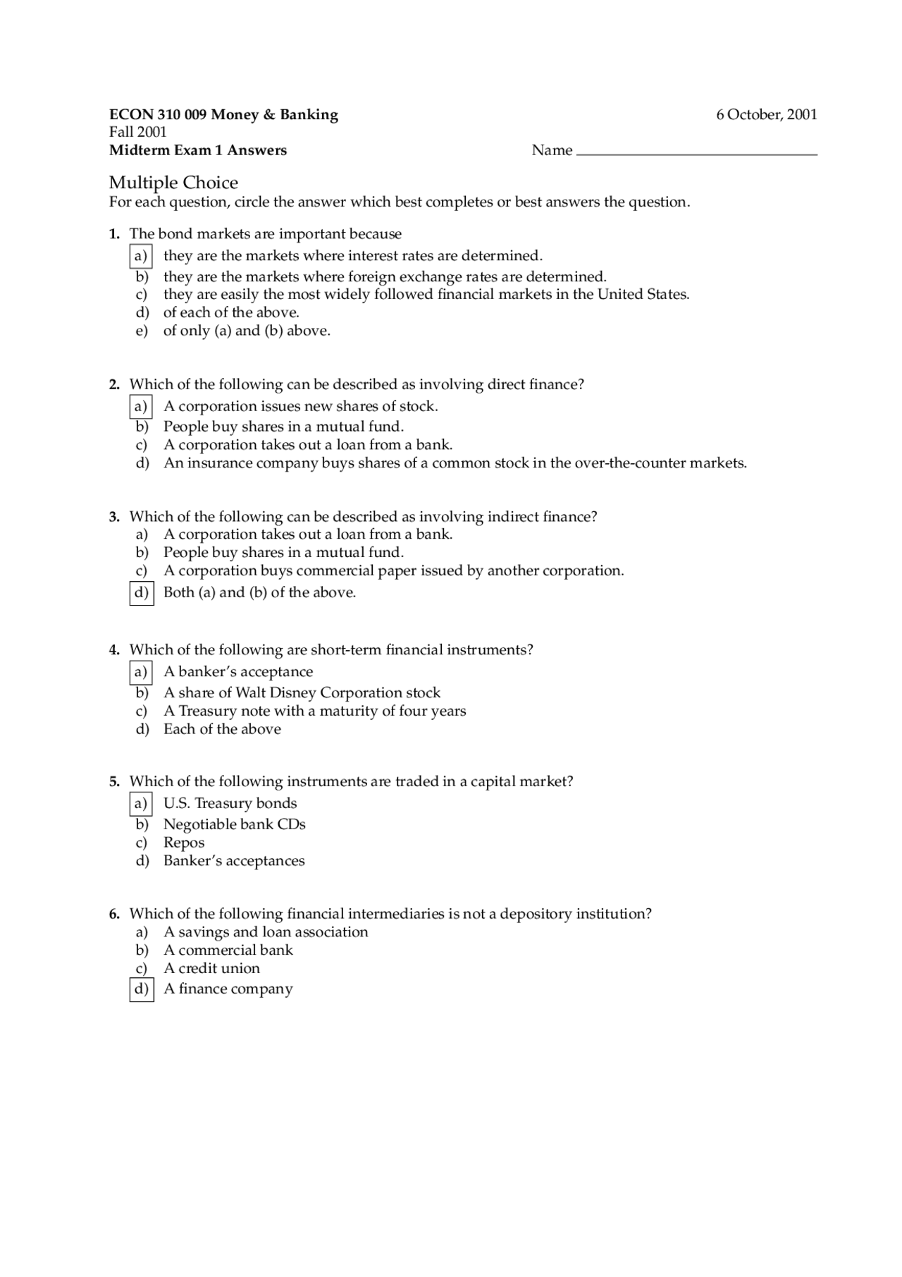 Midterm Exam 1 Answers Money And Banking Econ 310 Docsity