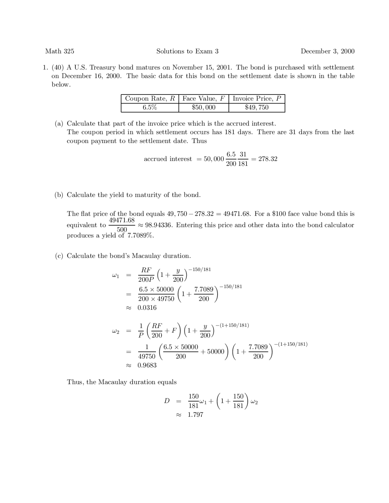 Solutions To Exam 3 Mathematics Of Interest Math 325 Docsity