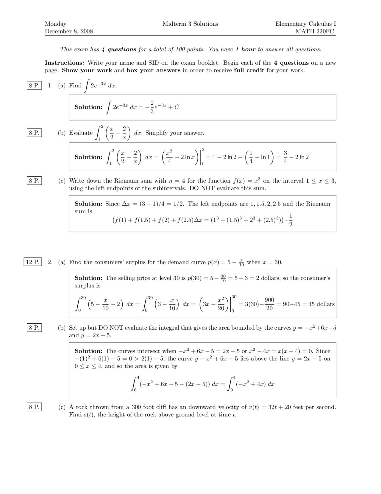10 Problems On Elementary Calculus I Examination 3 Math 220 Docsity