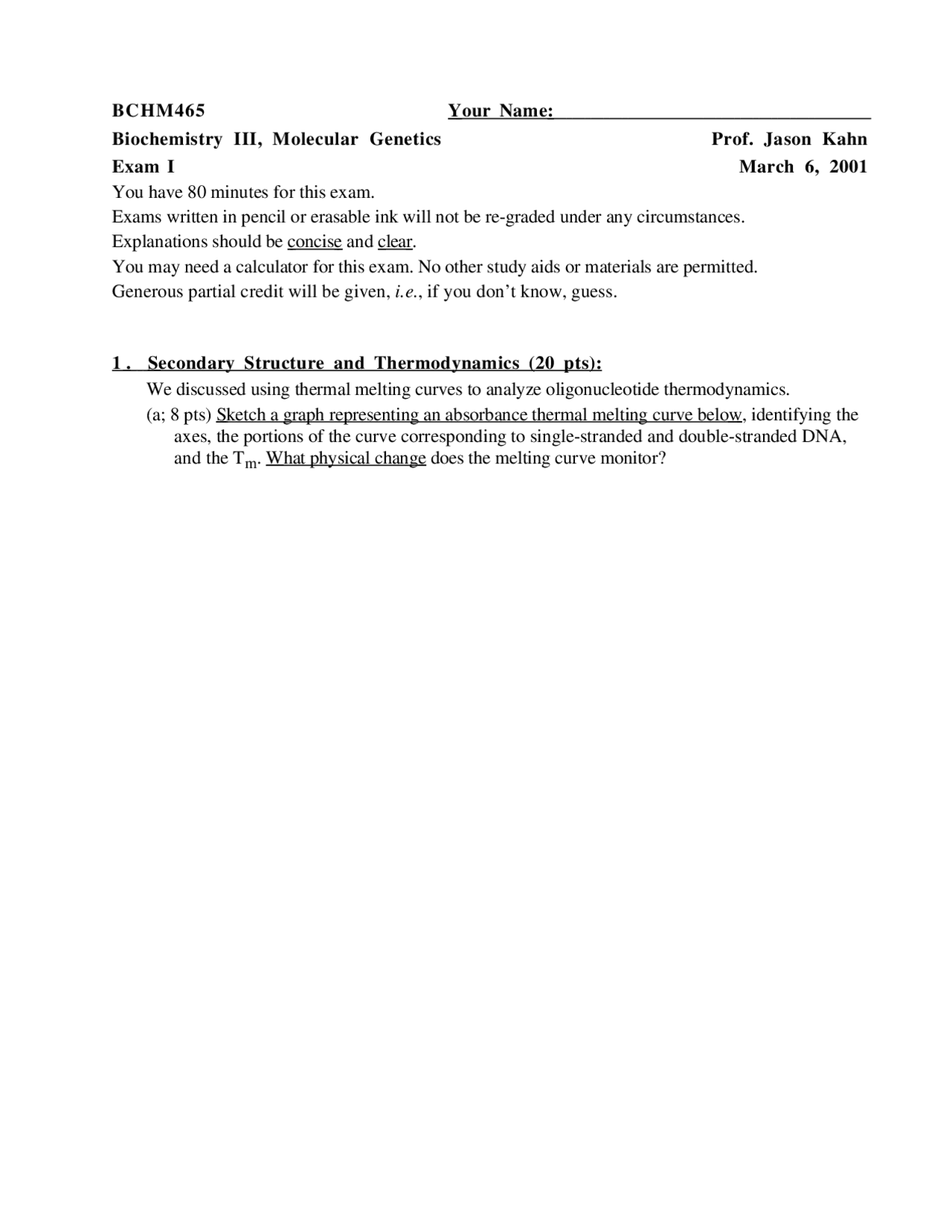 Sample Examination 1 - Biochemistry III | BCHM 465 - Docsity