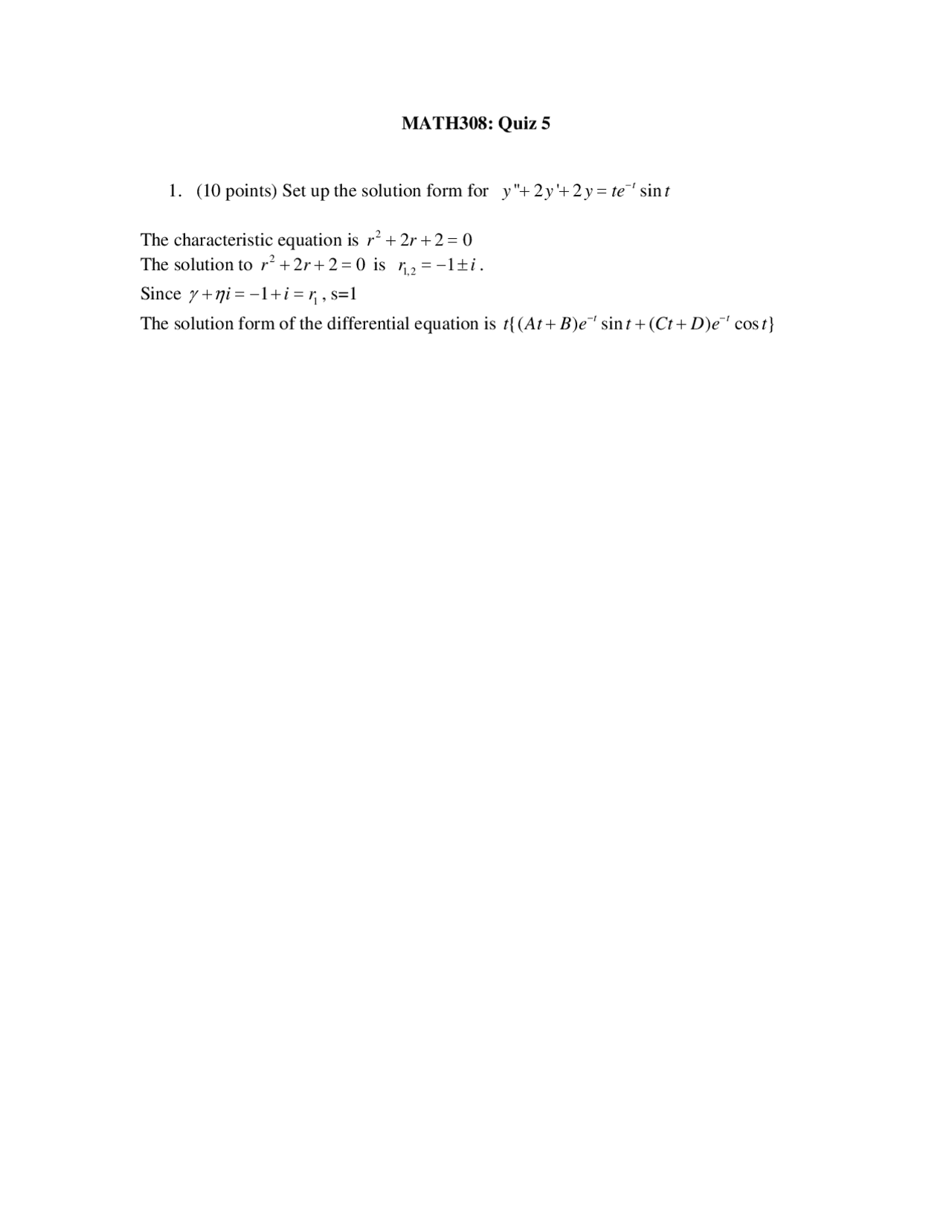 Differential Equations Quiz 5 With Solution Math 308 Docsity