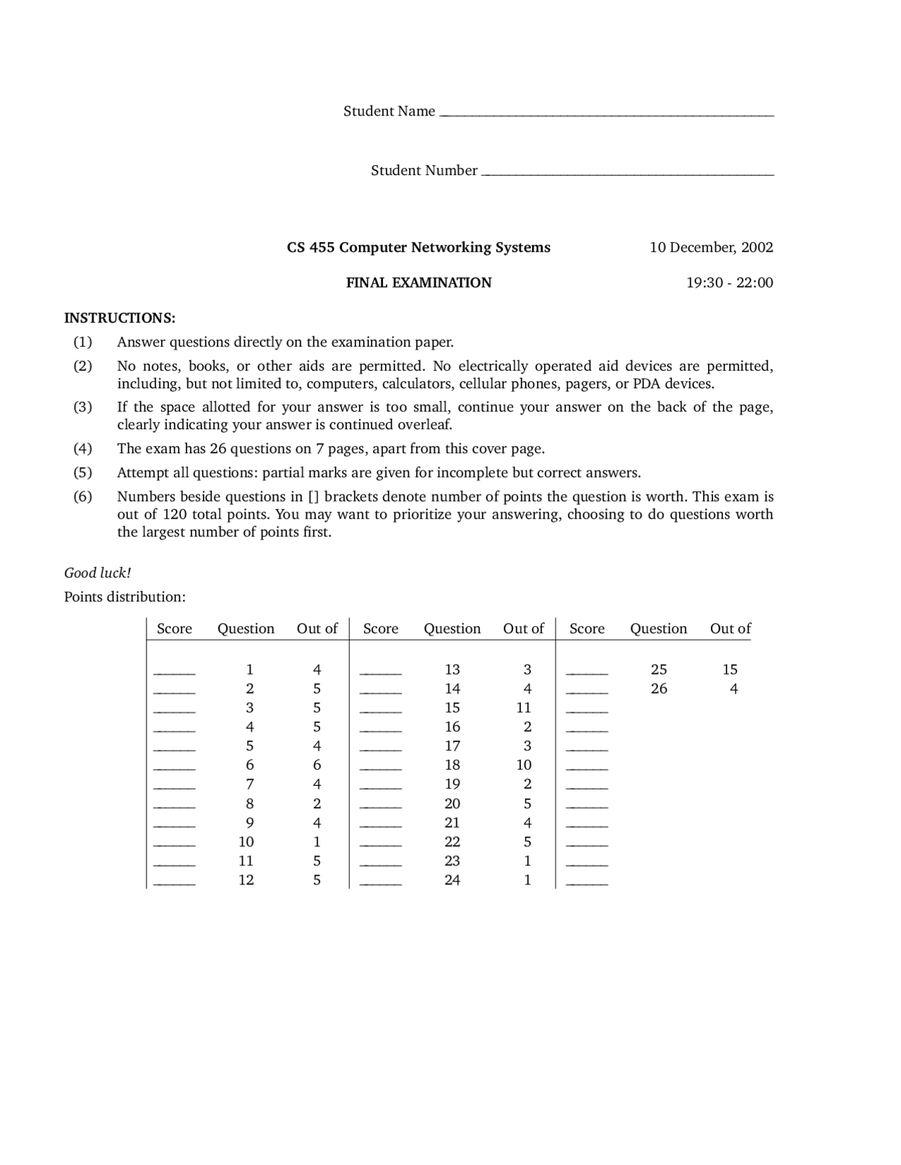 12 Questions On Computer Networking Systems Final Exam Cs 455 Docsity