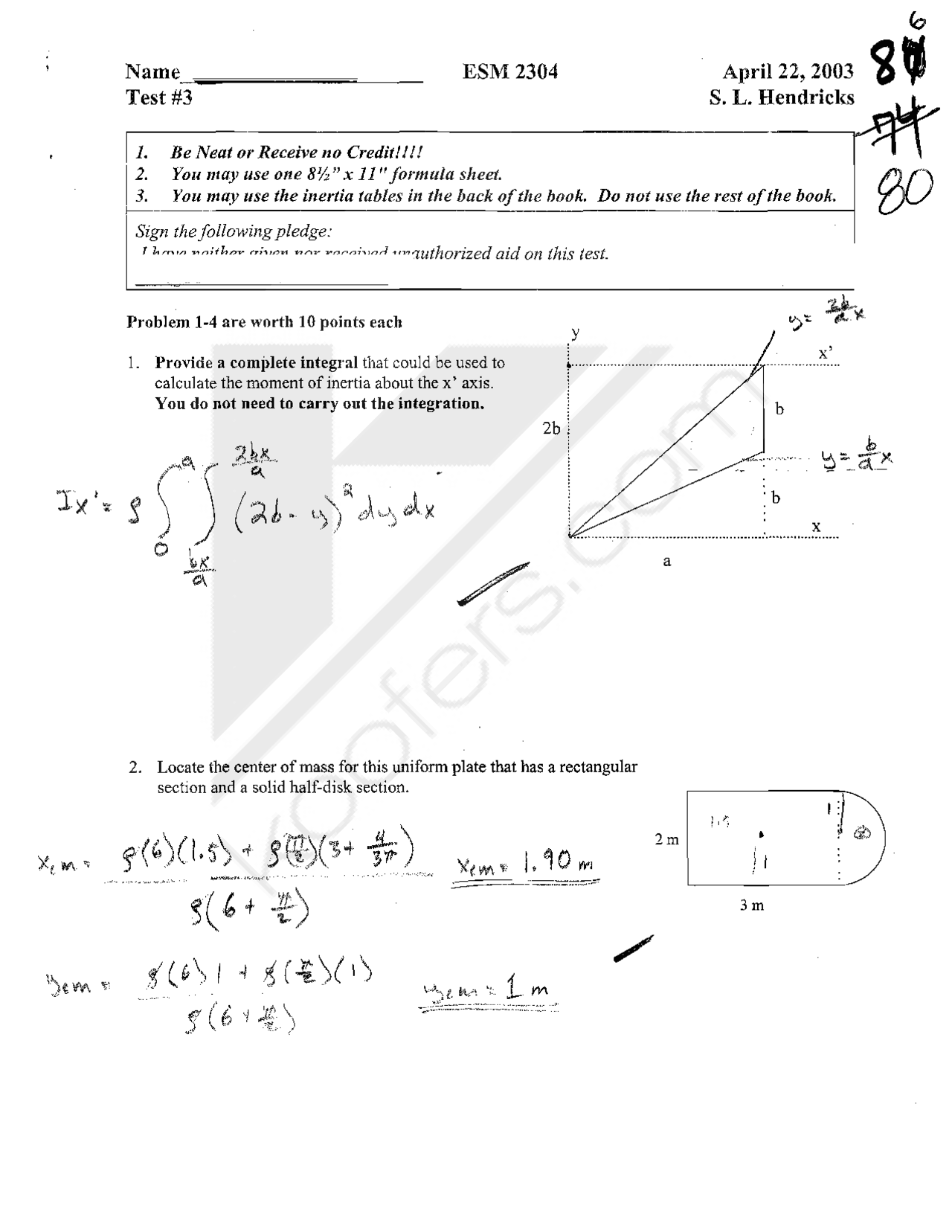 Test 3 Solution Key Dynamics Fall 2003 Esm 2304 Docsity