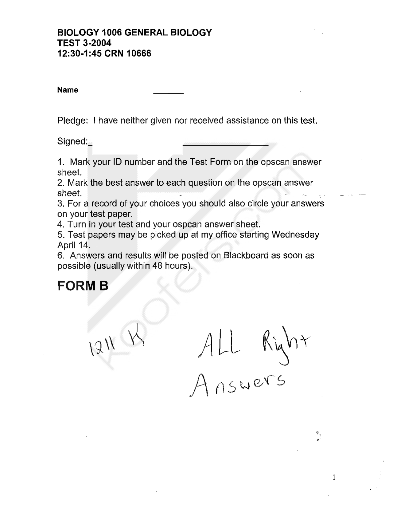 Solved Test 3 for General Biology | BIOL 1006 - Docsity