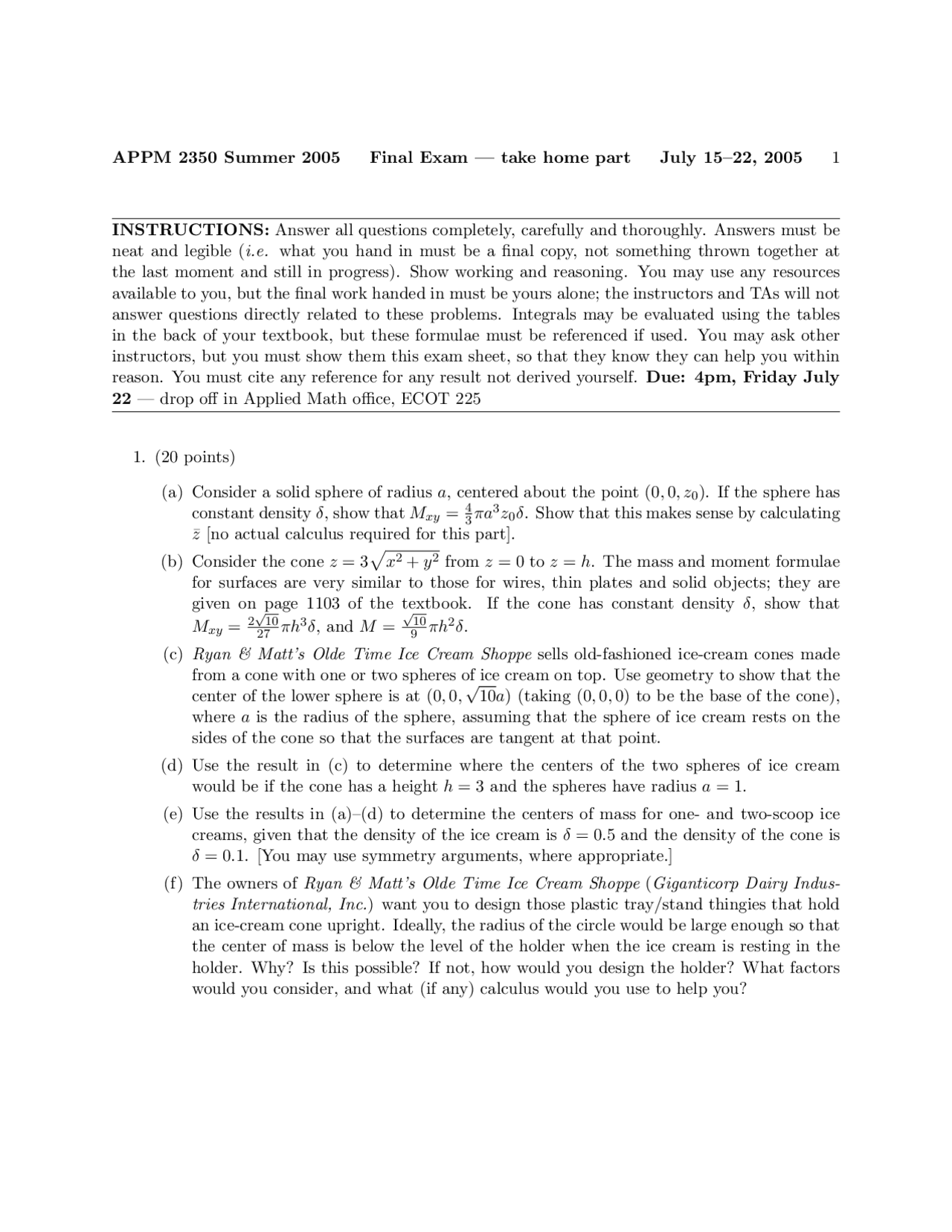 Final Exam Questions On Calculus Iii For Engineers Summer 2005 Appm