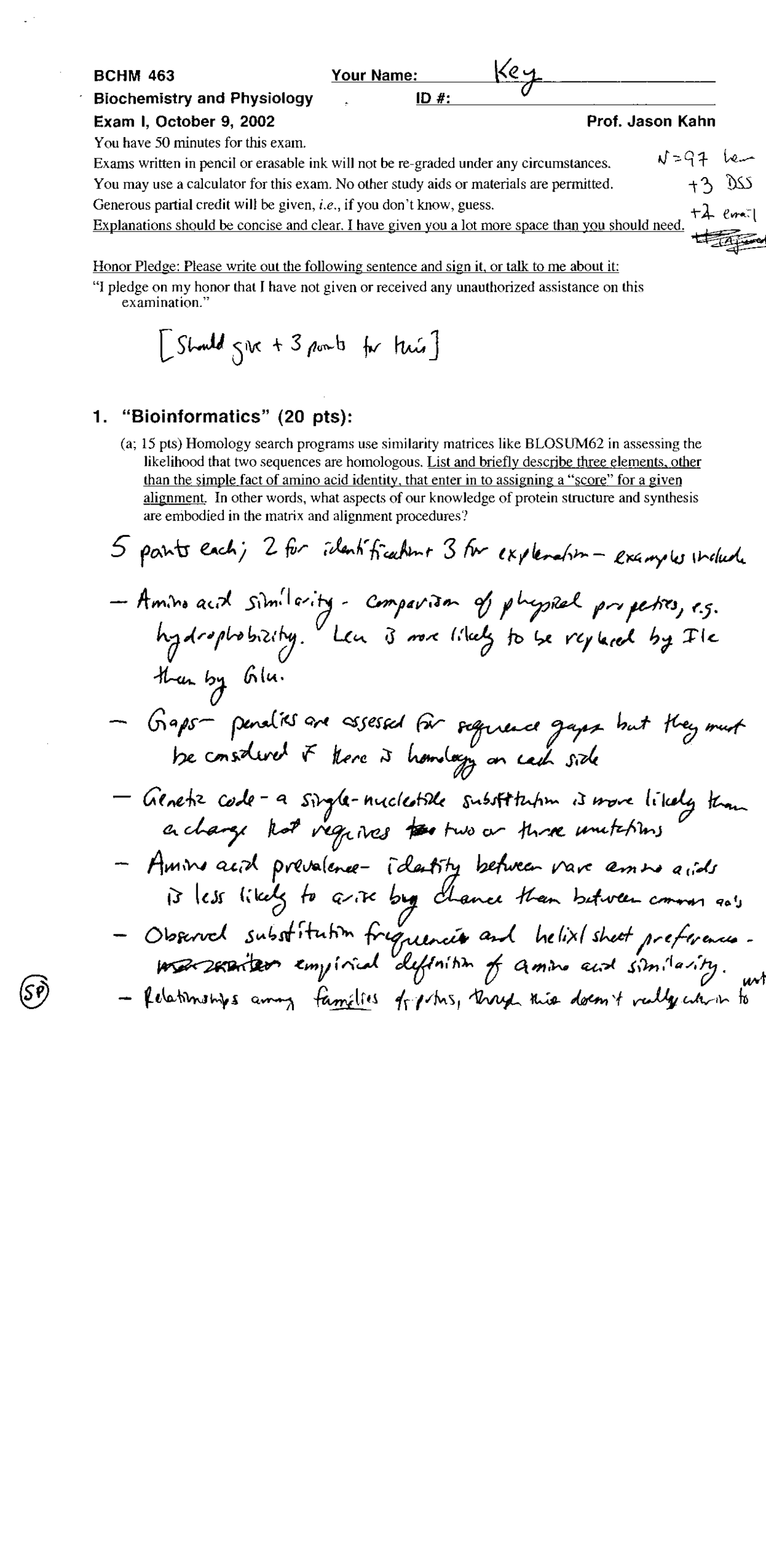 Old Exam 1 With Answer Key Biochemistry And Physiology Bchm 463