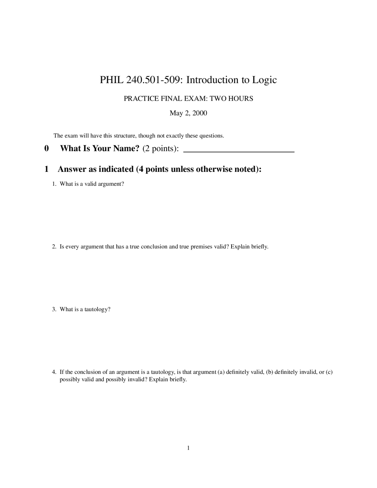 Practice Final Examination Introduction To Logic Phil 240 Docsity
