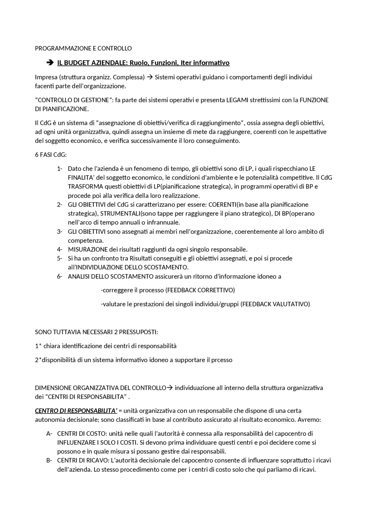 Programmazione E Controllo 1° Parte Appunti Di Programmazione E
