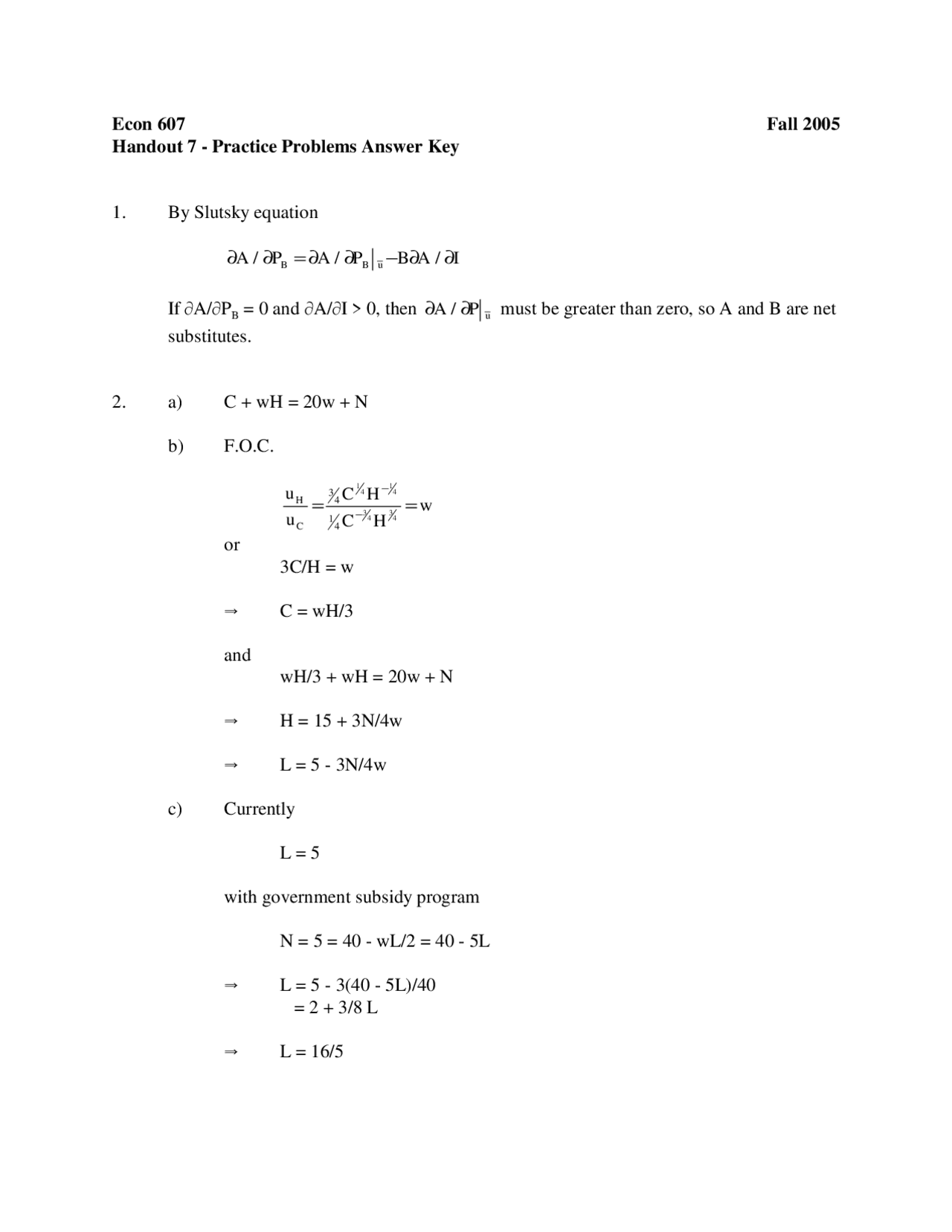 Practice Problems With Answer Key Foundation Of Microeconomics Theory