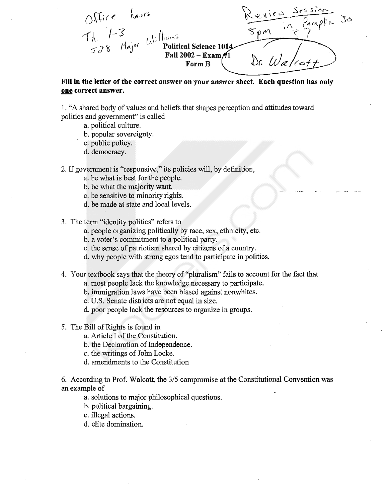 Exam 1 From B Solutions - Political Science - Fall 2002 | PSCI 1014 ...