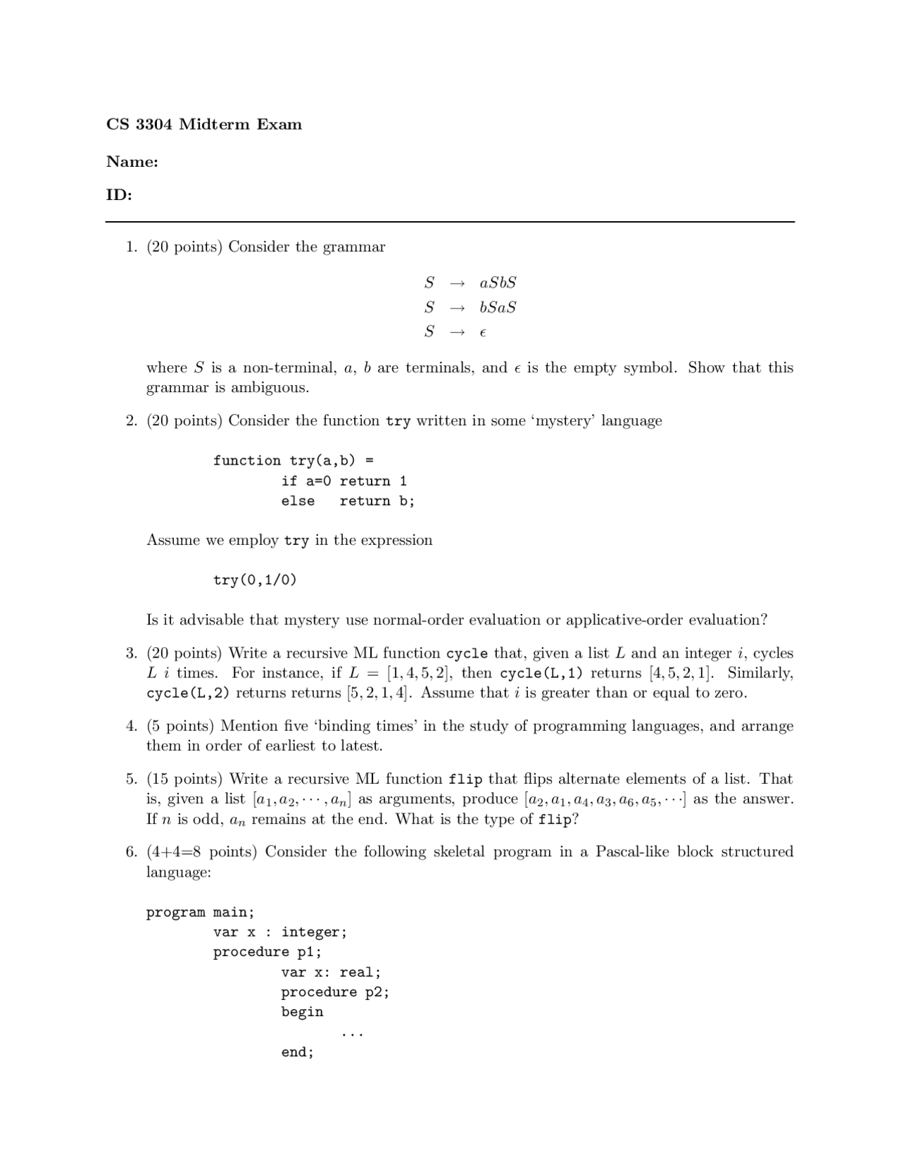 Midterm For Comparative Languages Cs 3304 Docsity