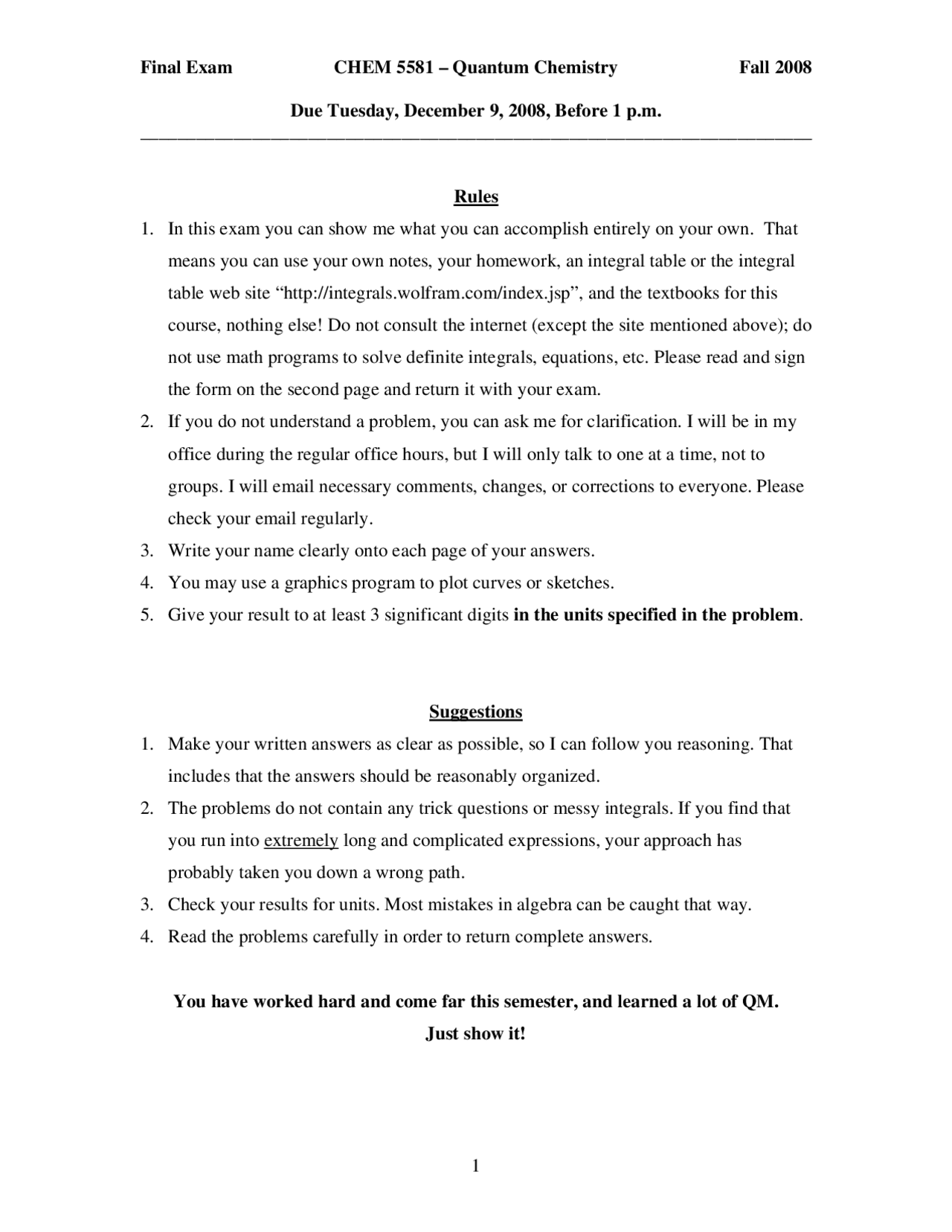 9 Solved Questions In Final Exam On Introductory Quantum Chemistry