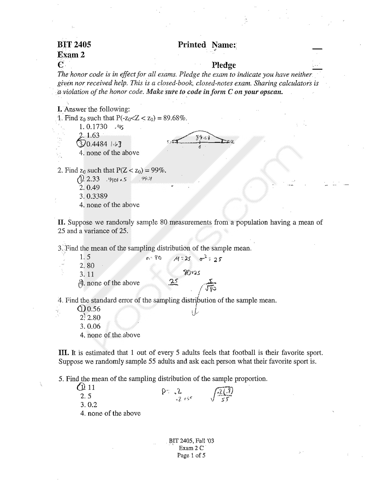 Exam 2 With Answer Key Quantitative Methods Msci 2405 Docsity