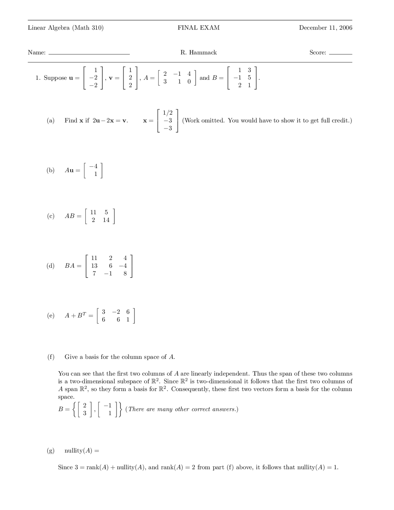 Final Exam With Solutions Linear Algebra Math 310 Docsity