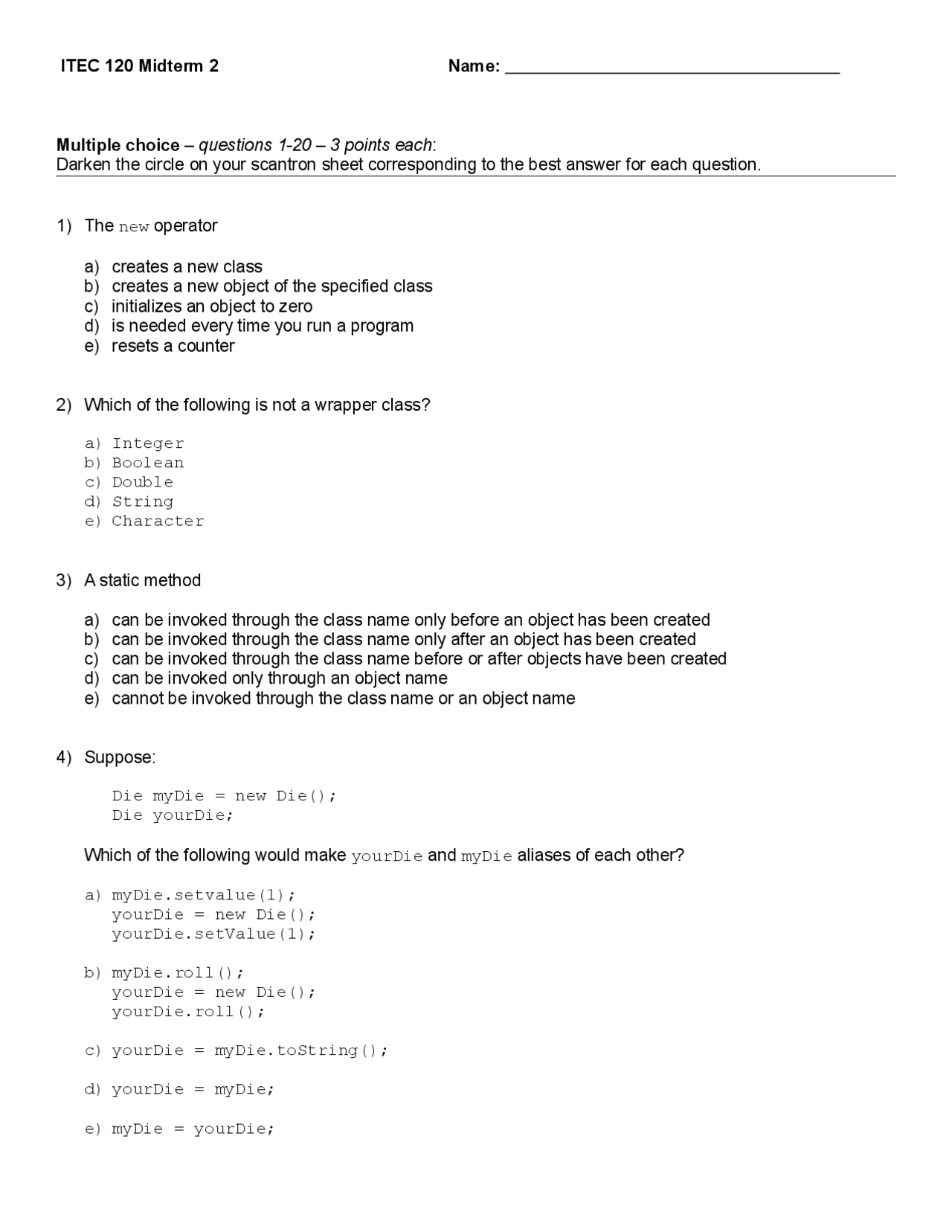 Principles Of Computer Science I Midterm Exam 2 Itec 120 Docsity