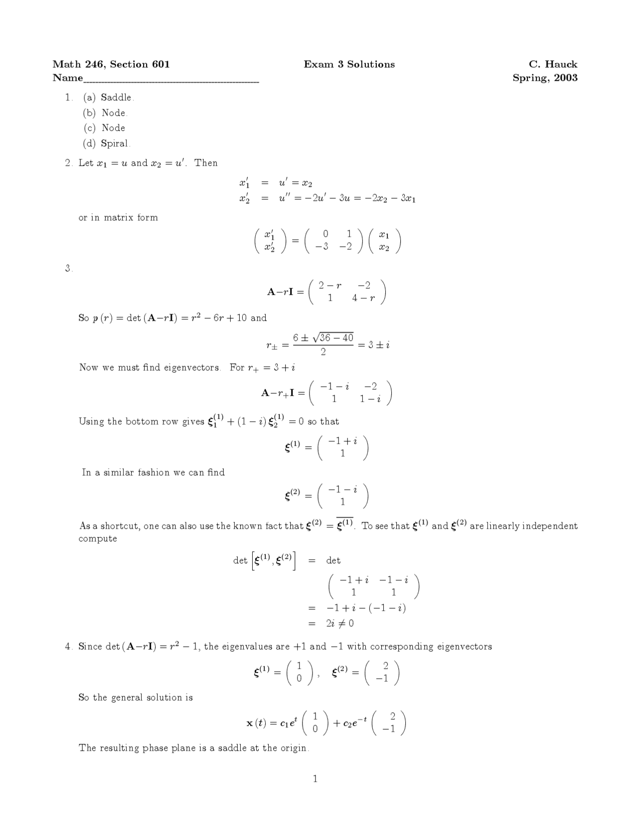 Differential Equations for Science and Engineering - Exam 3 Solutions ...