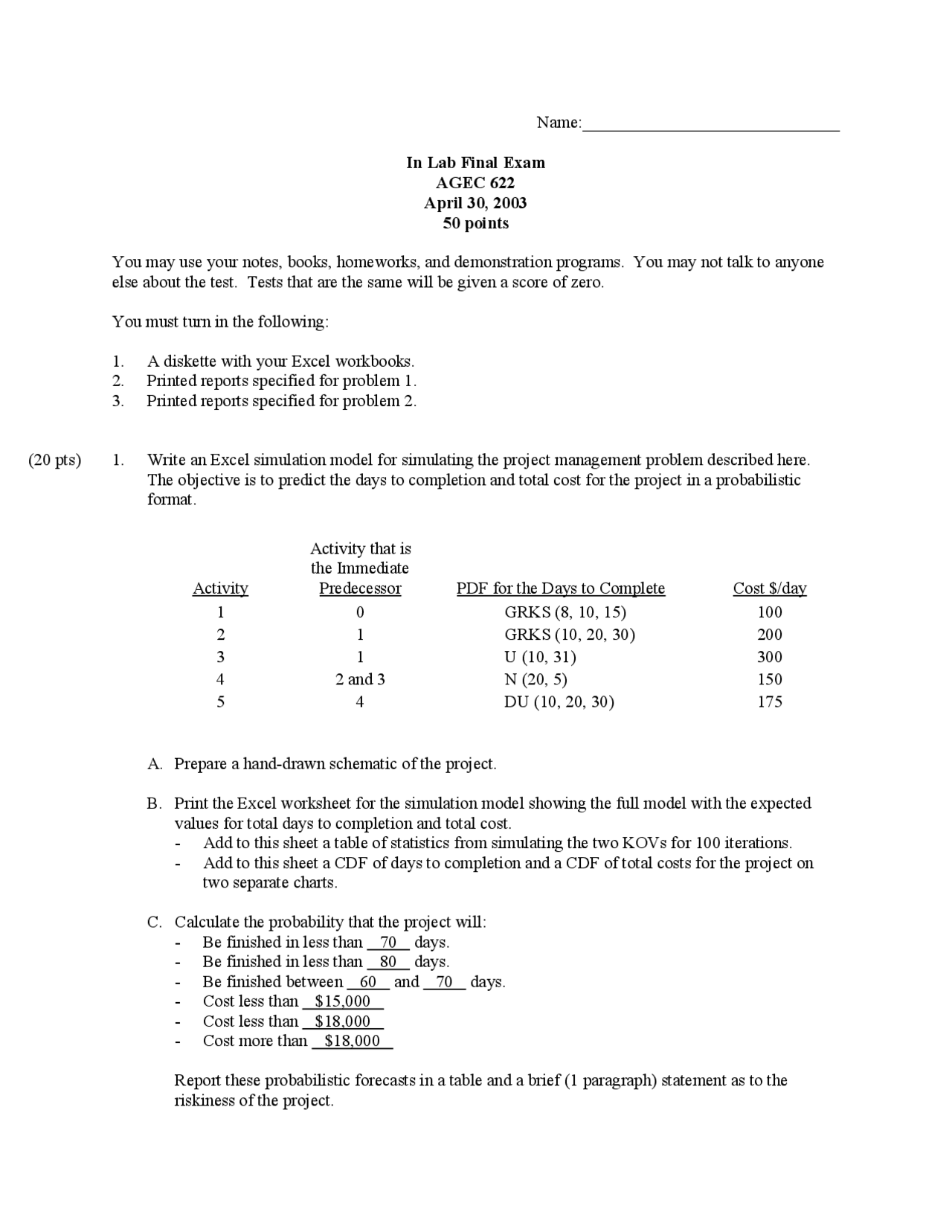 Lab Final Exam Agribusiness Analysis And Forecasting Fall 2003