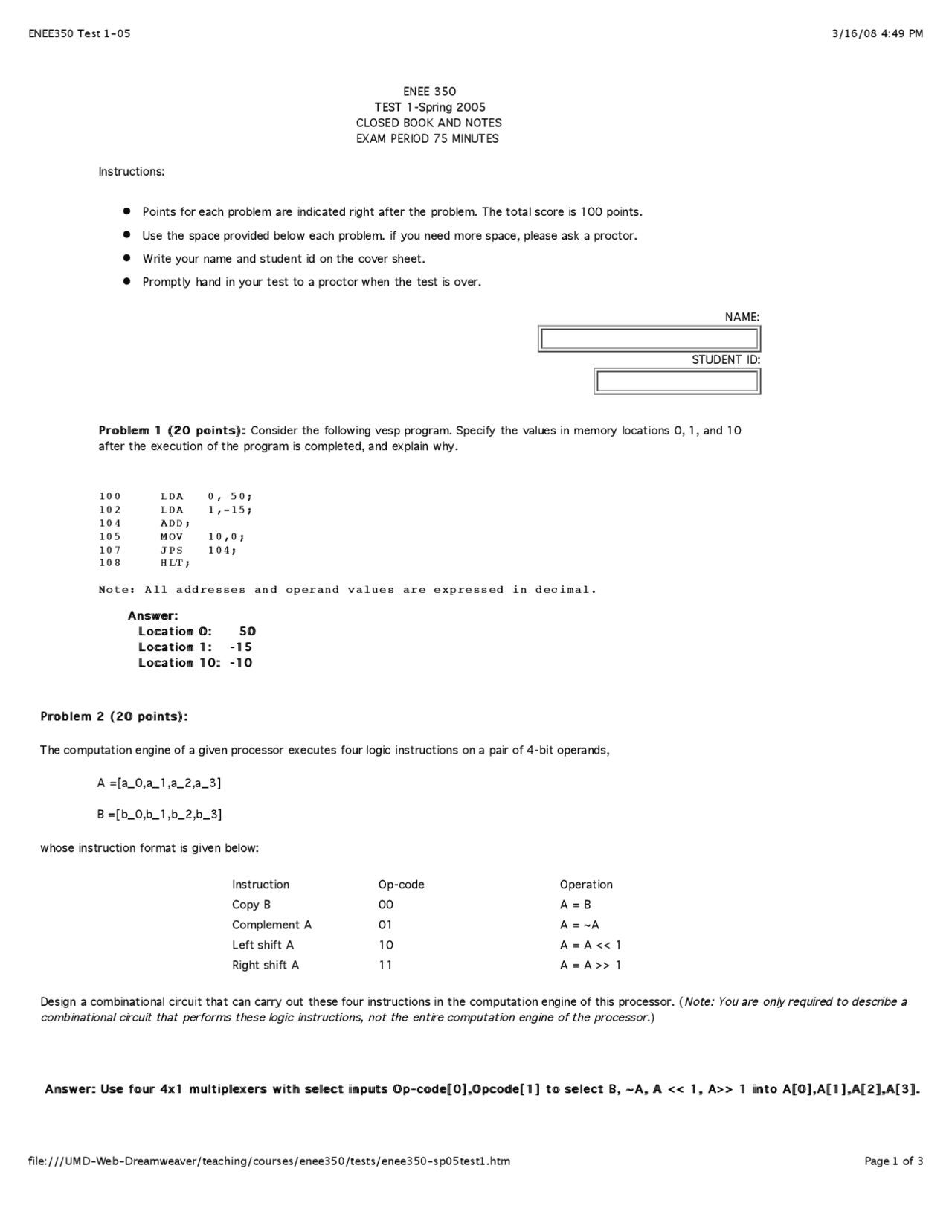Computer Organization Solved Questions For Exam 1 Enee 350 Docsity