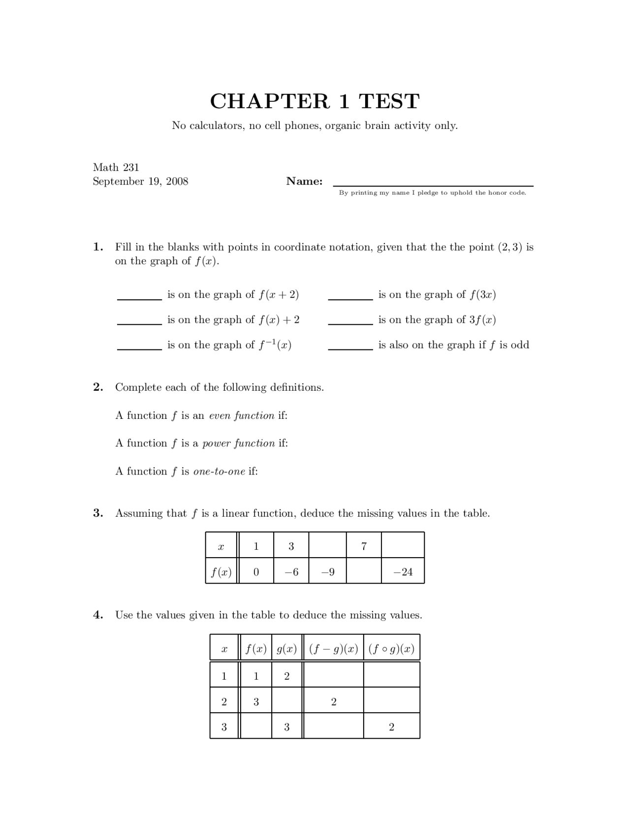 7 Problems in Examination on Calculus with Functions I | MATH 231 - Docsity