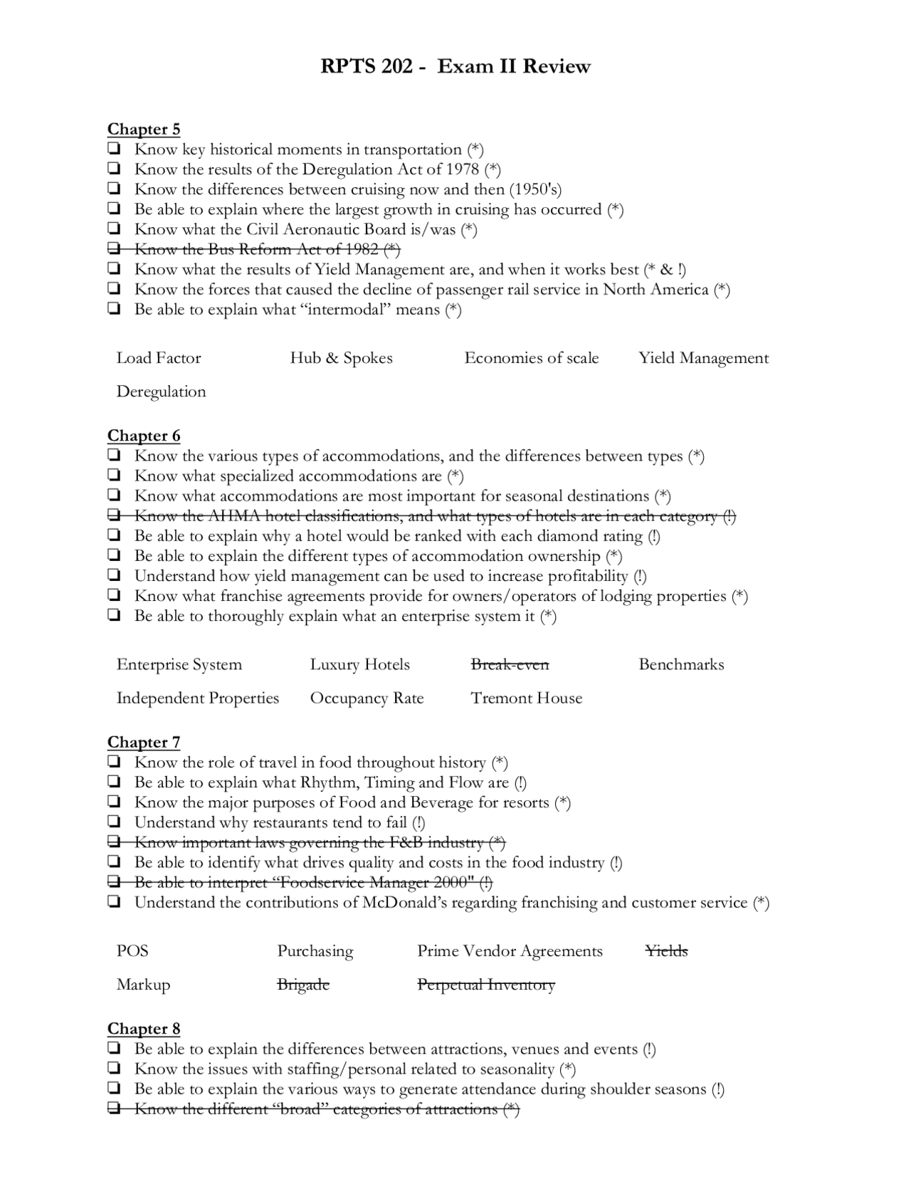 Exam II Review for RPTS 202 Course | Study notes Hospitality and ...
