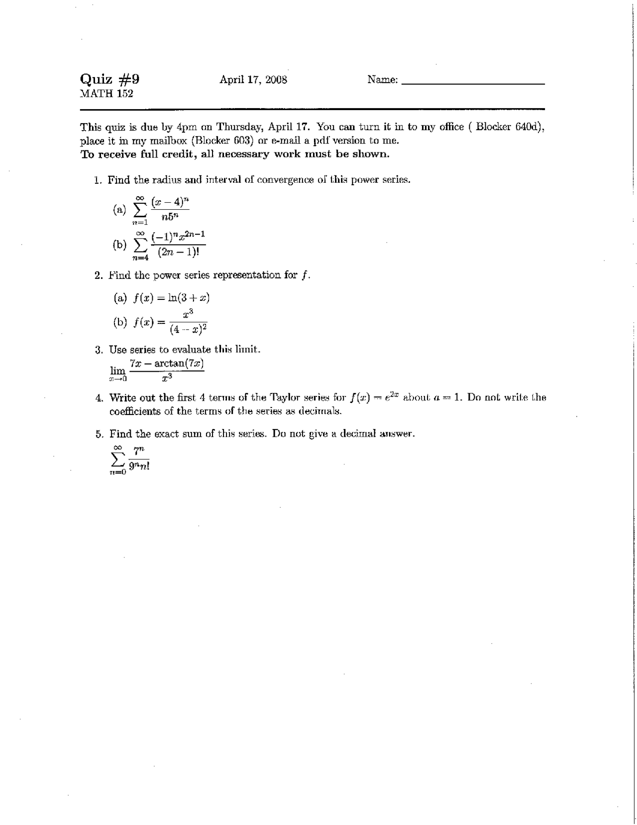 Solutions for Quiz 9 - Honors Engineering Mathematics II | MATH 152 ...